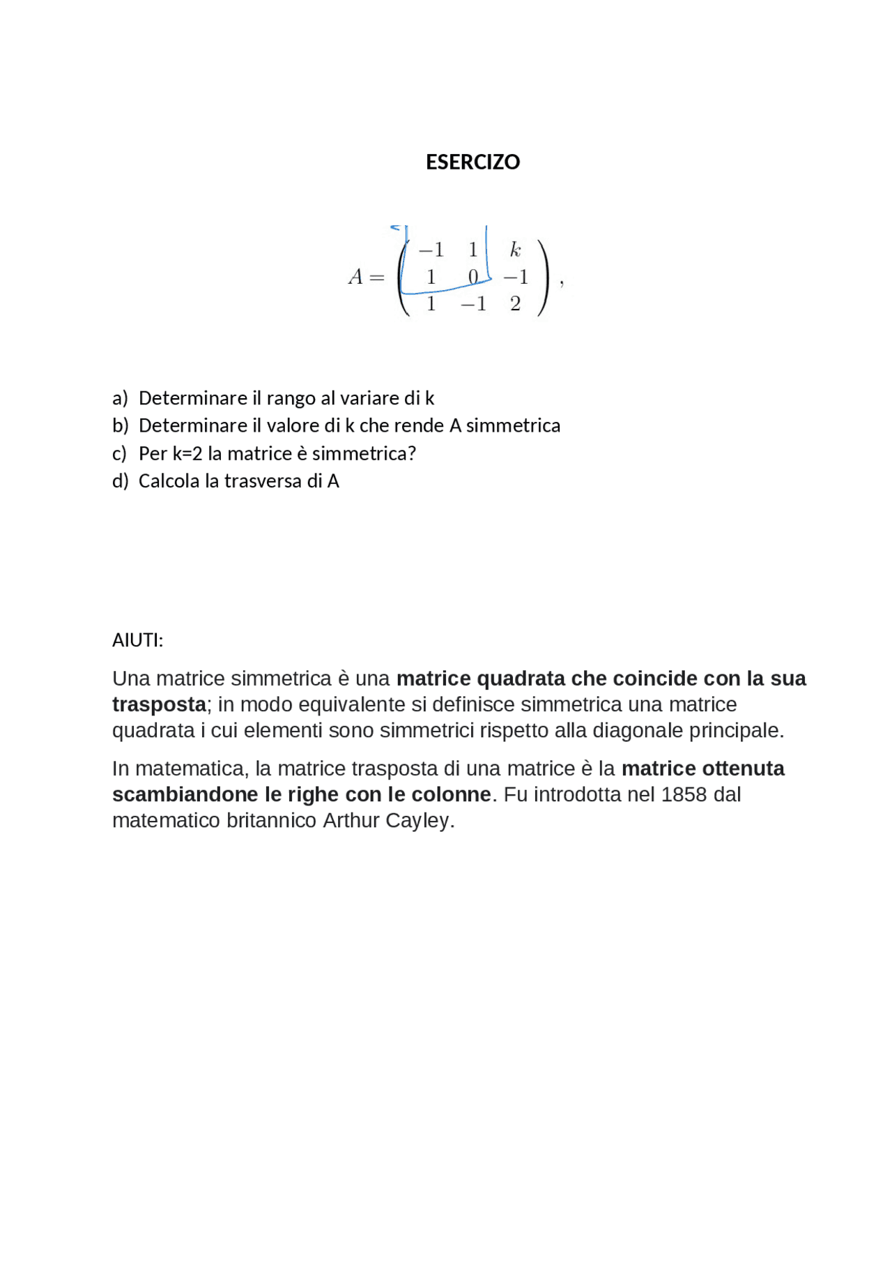 Esercizio Sulle Matrici Esercizi Di Matematica Generale Docsity