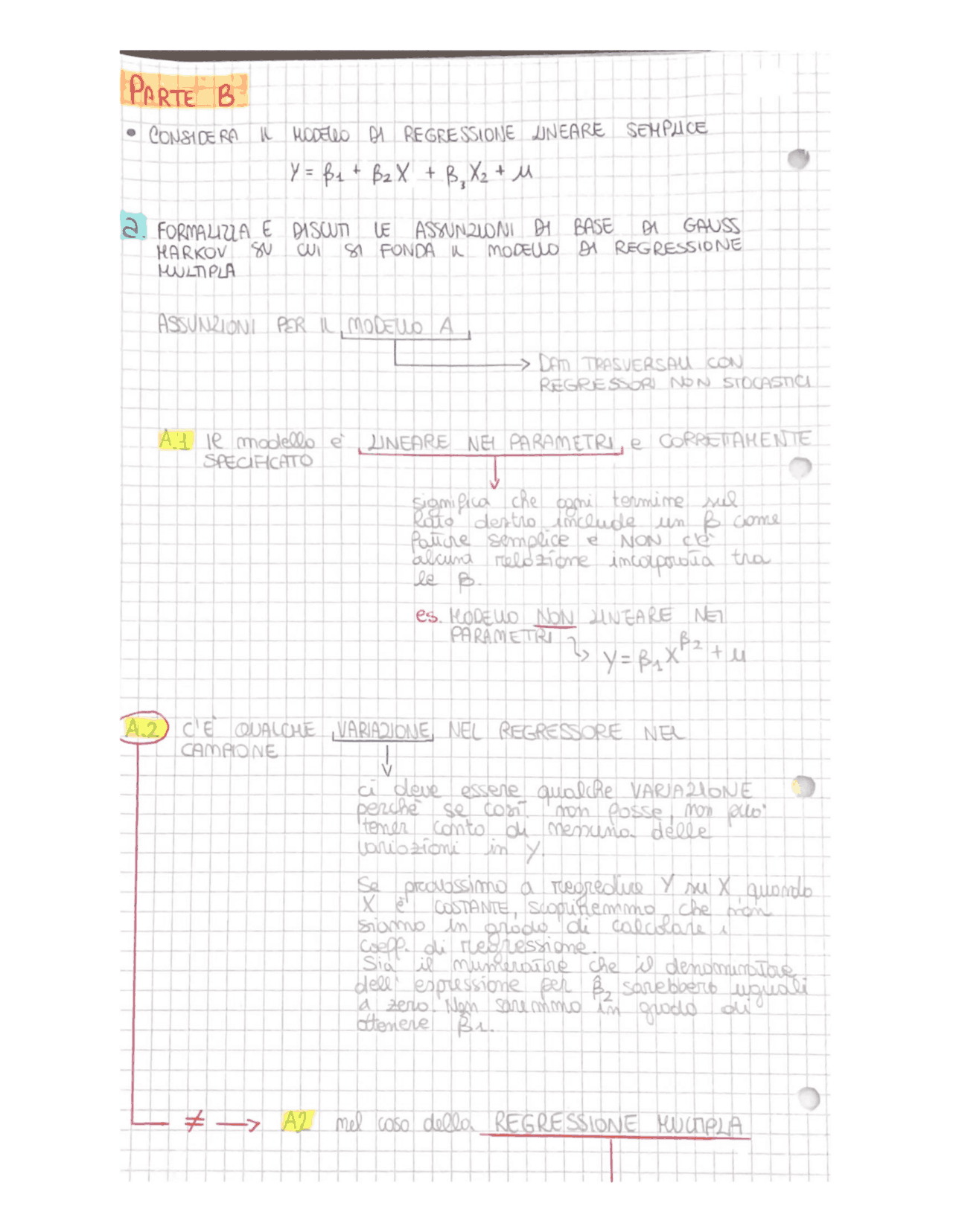 Assunzioni di gauss Markov - econometria | Schemi e mappe concettuali di Econometria | Docsity