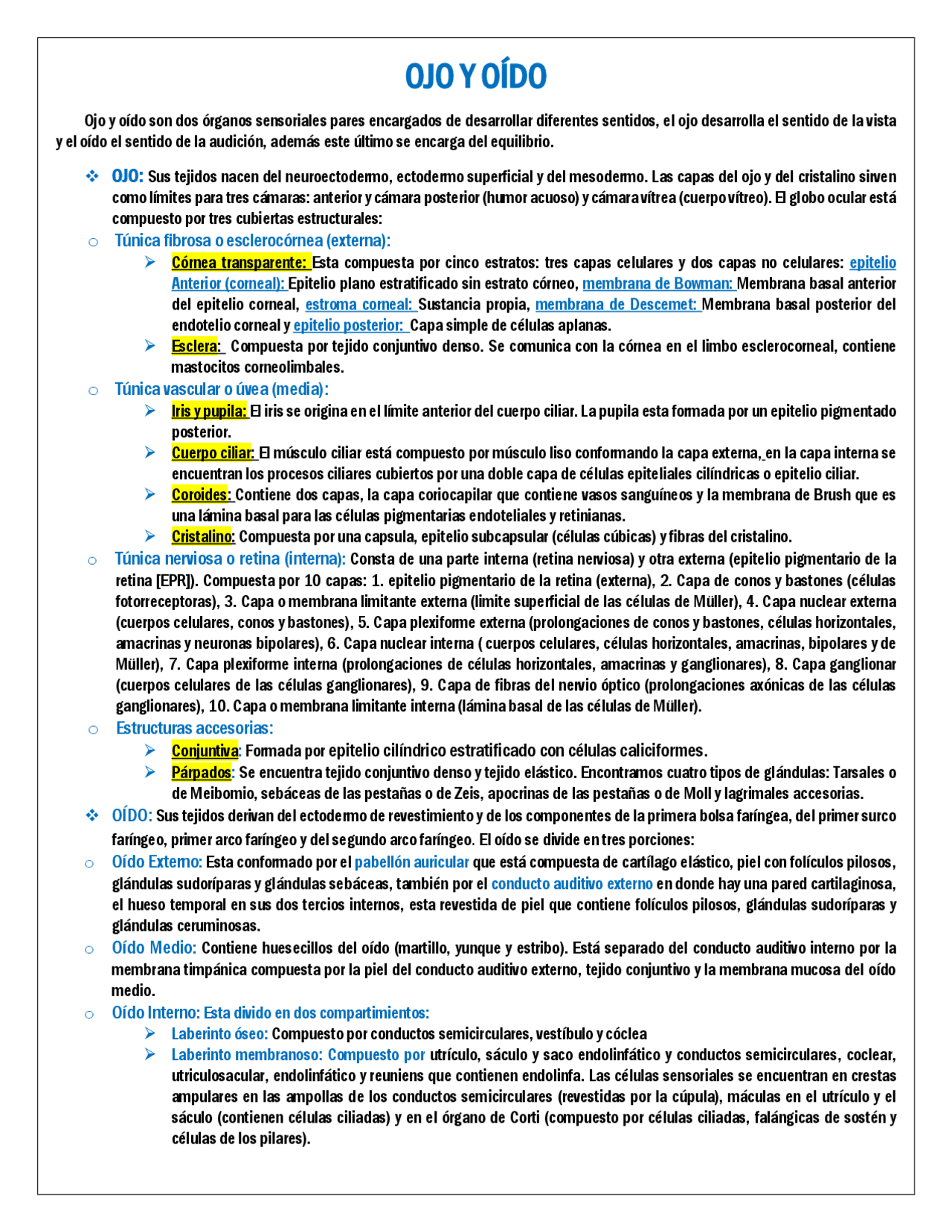 Ojo Y OÍdo HistologÍa Resúmenes De Histología Docsity