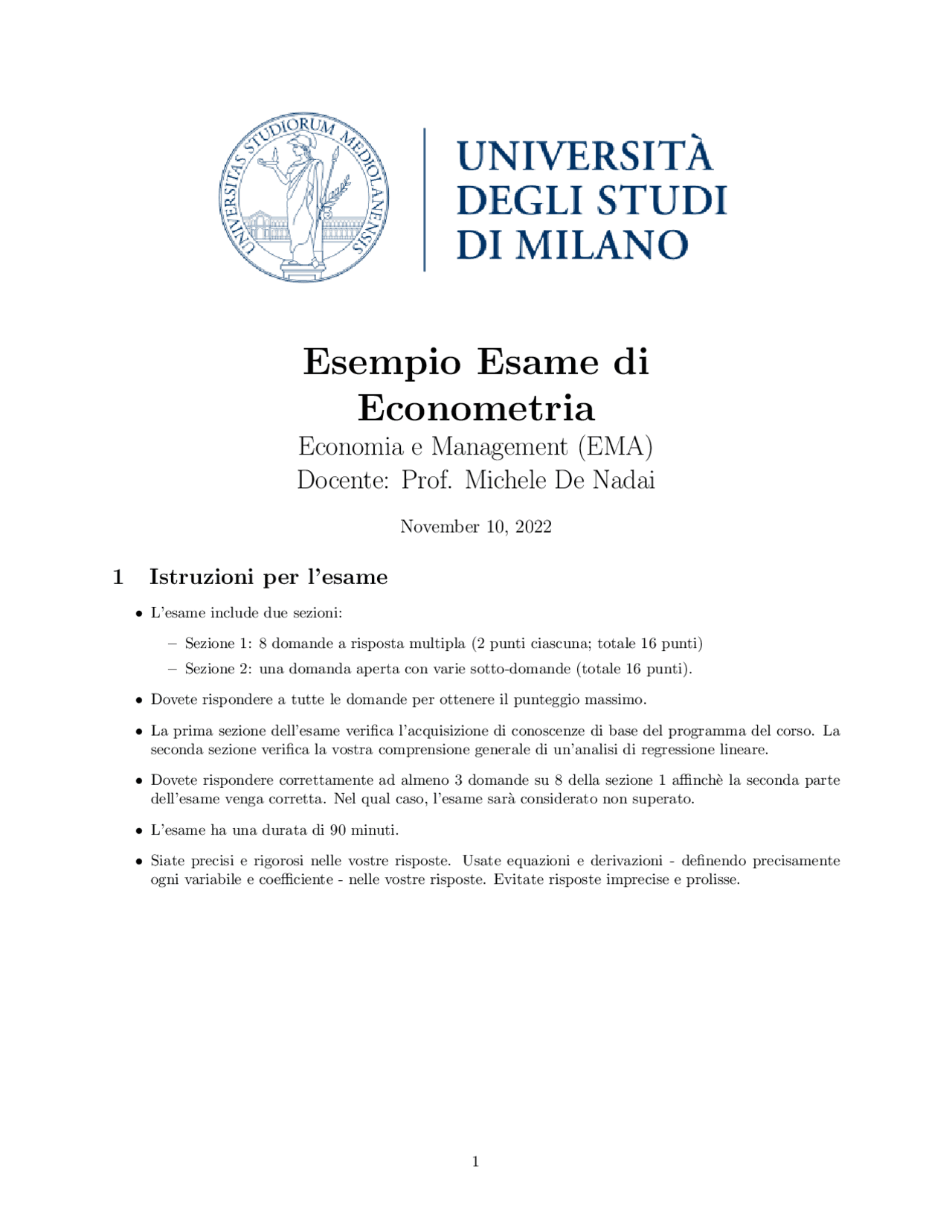 Esame Esempio 2020 Econometria Esercizi Di Econometria Docsity