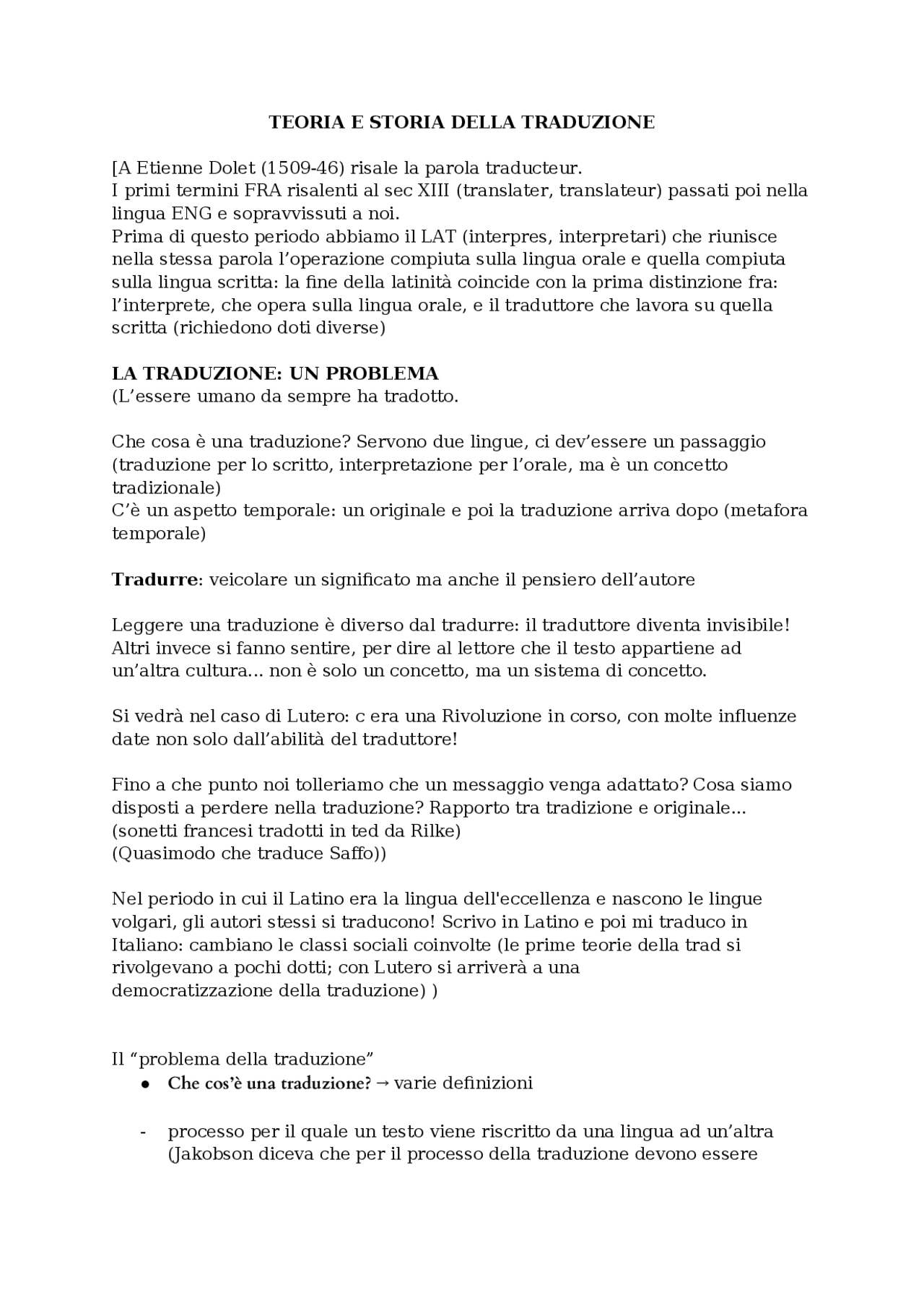 Teoria e storia della traduzione | Appunti di Traduzione | Docsity