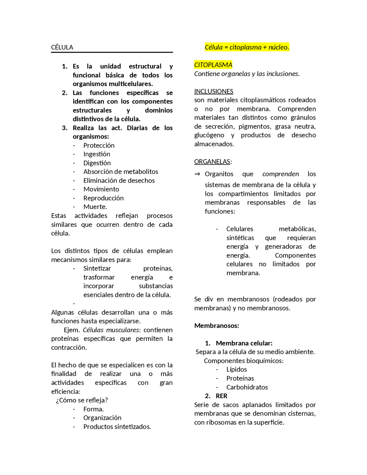 Partes De La CÉlula 1 Resúmenes De Histología Docsity