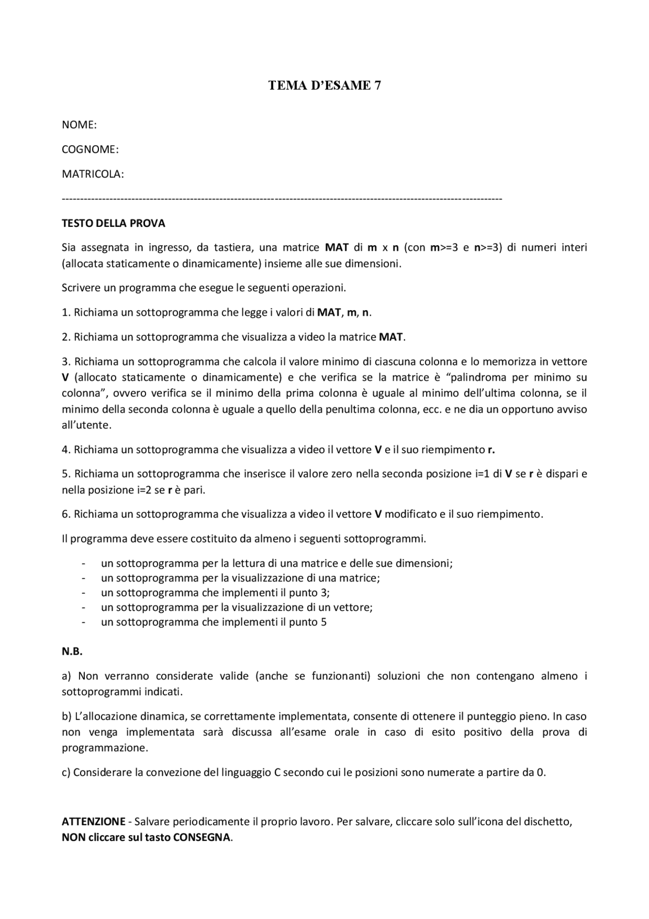 Esercizio Prova Esame Elementi Informatica Prove Desame Di Elementi
