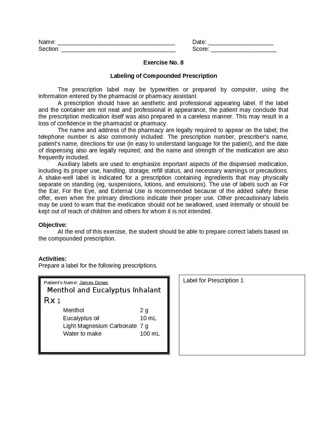 Labeling of Compounded Prescription | Cheat Sheet Typography | Docsity