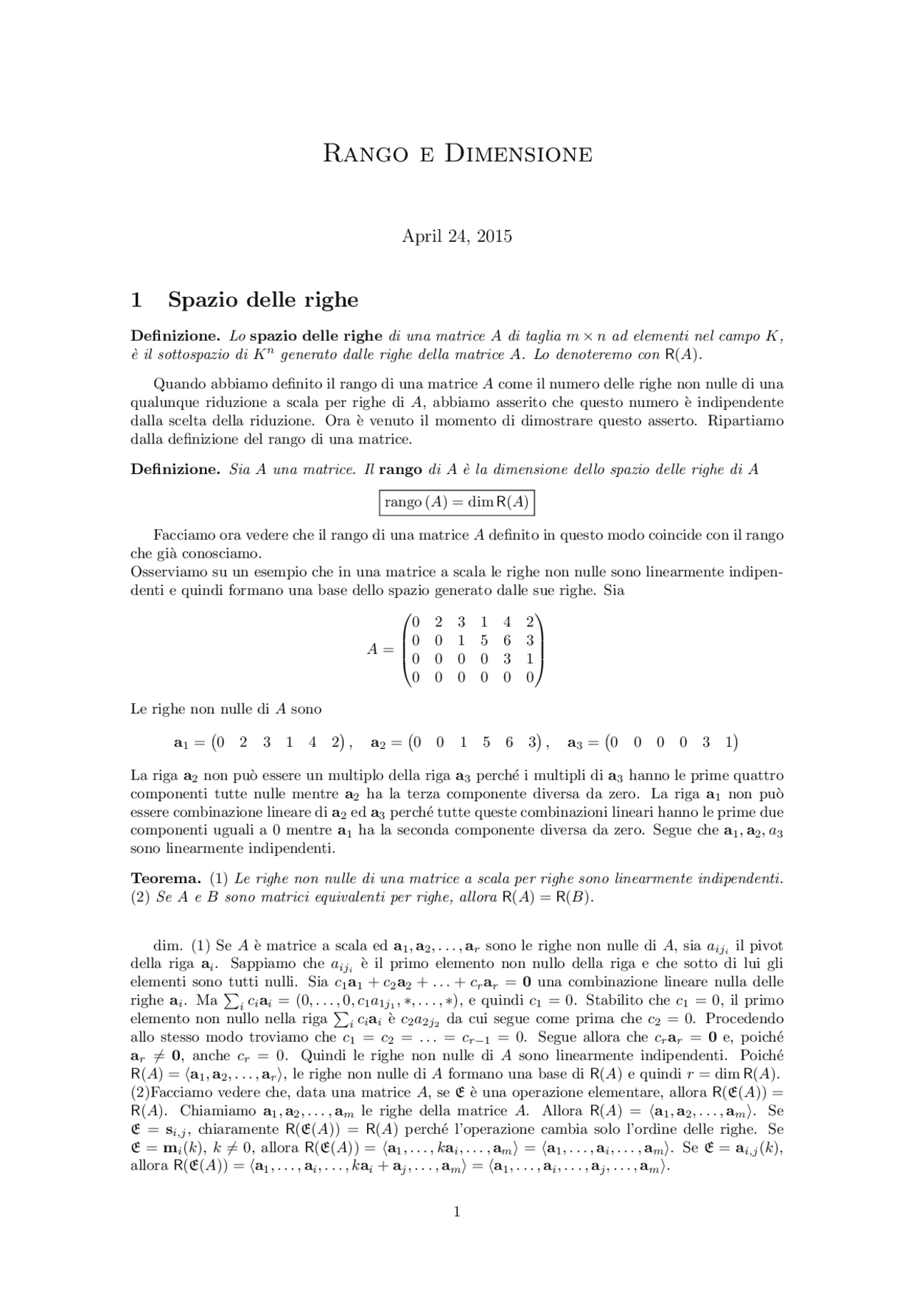 Rango E Dimensione Geometria Euclidea Appunti Di Algebra Lineare E