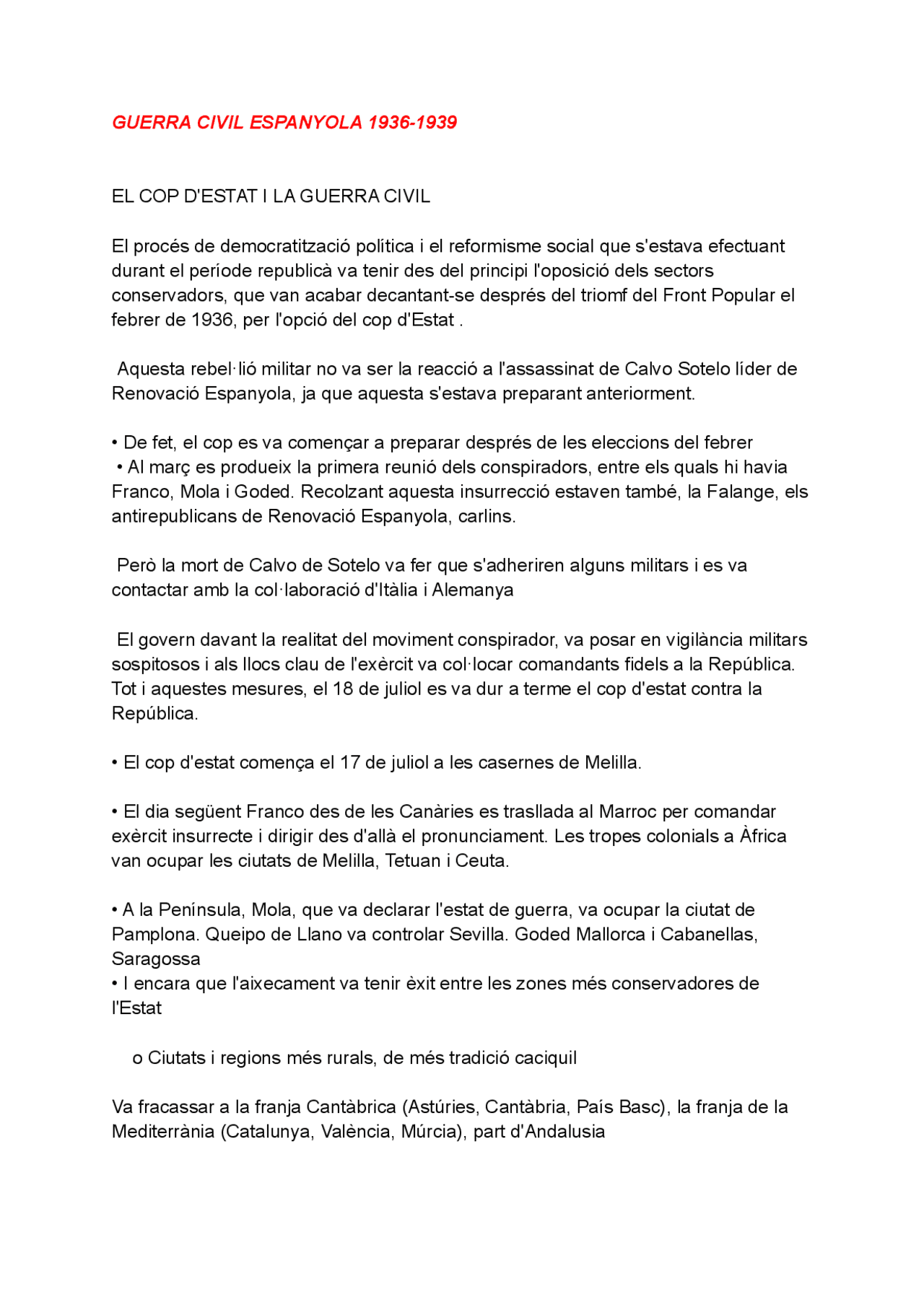 Guerra civil española | Resúmenes de Historia de España | Docsity