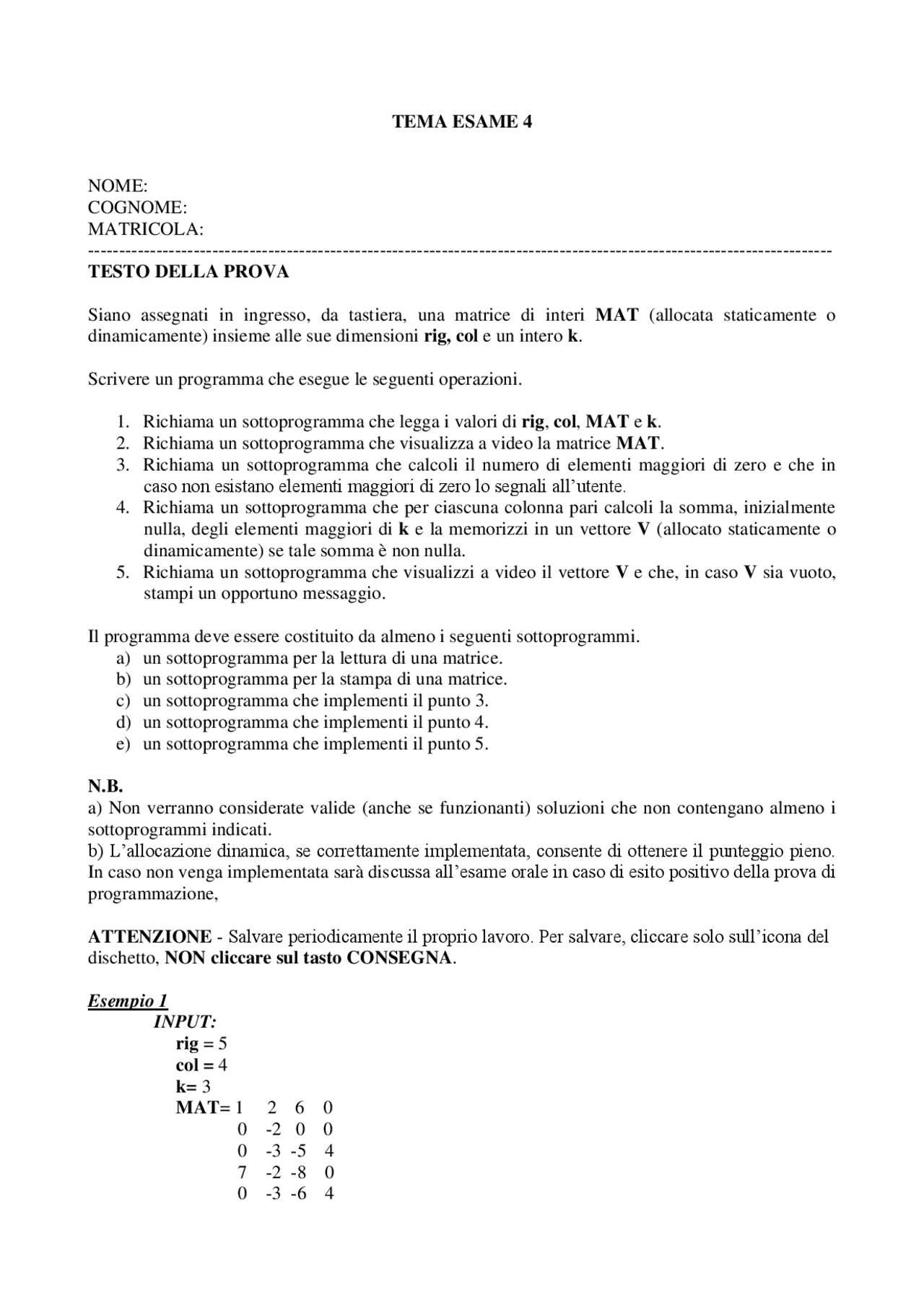 Prova Esame Elementi Di Informatica Prove Desame Di Elementi Di