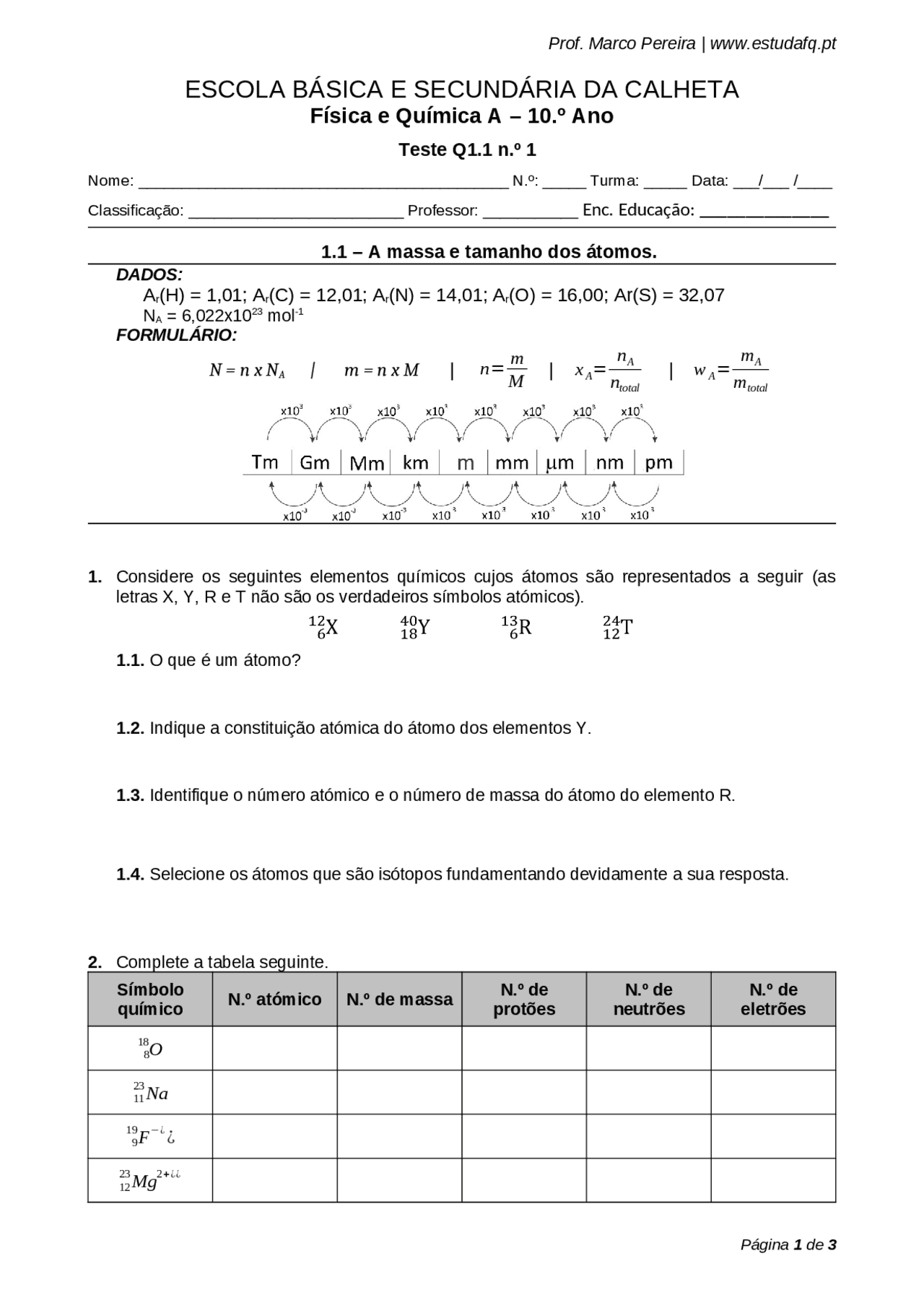Teste De Físico Química Provas Química Docsity