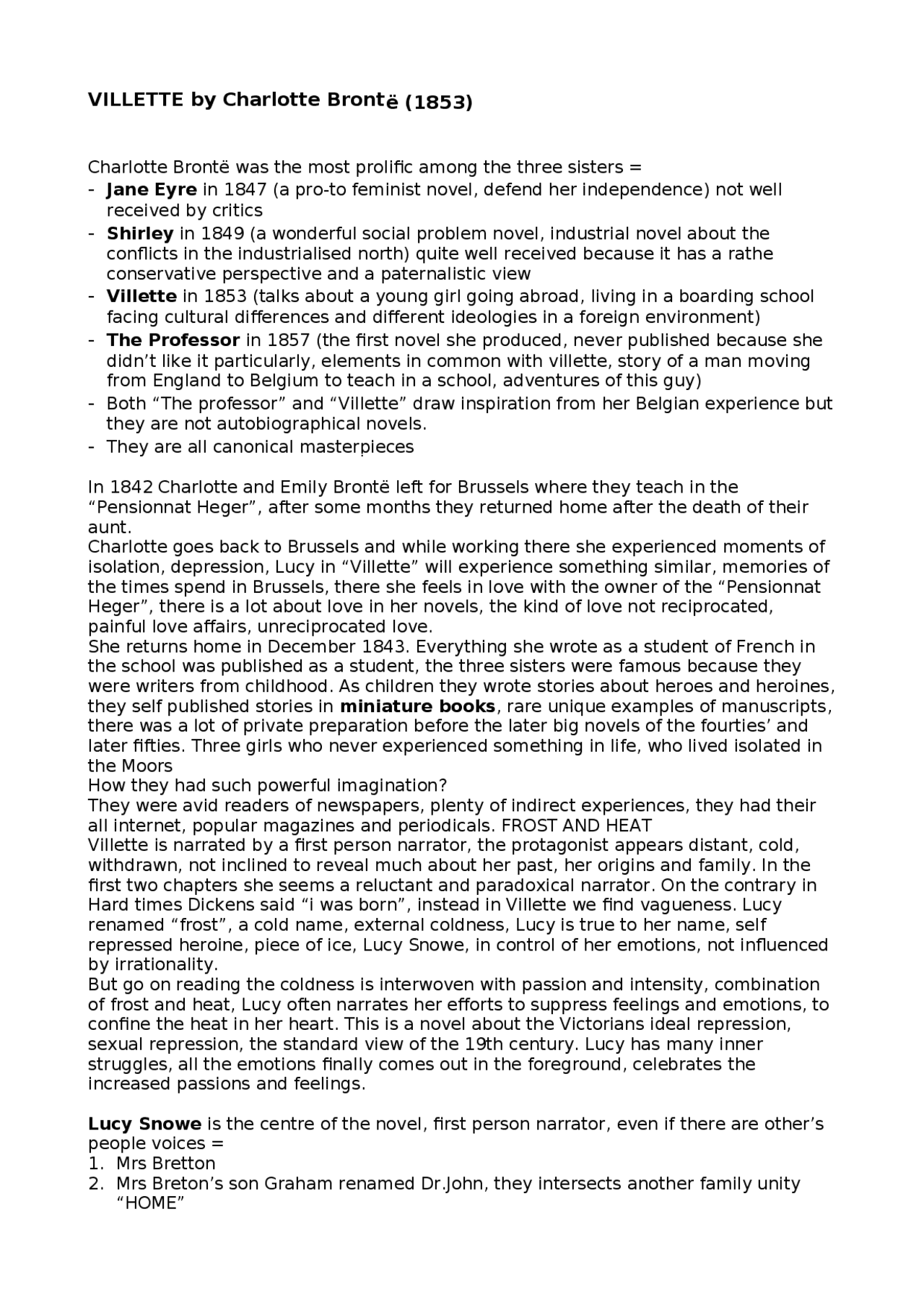 Villette by Charlotte Brontë | Appunti di Cultura Inglese I | Docsity