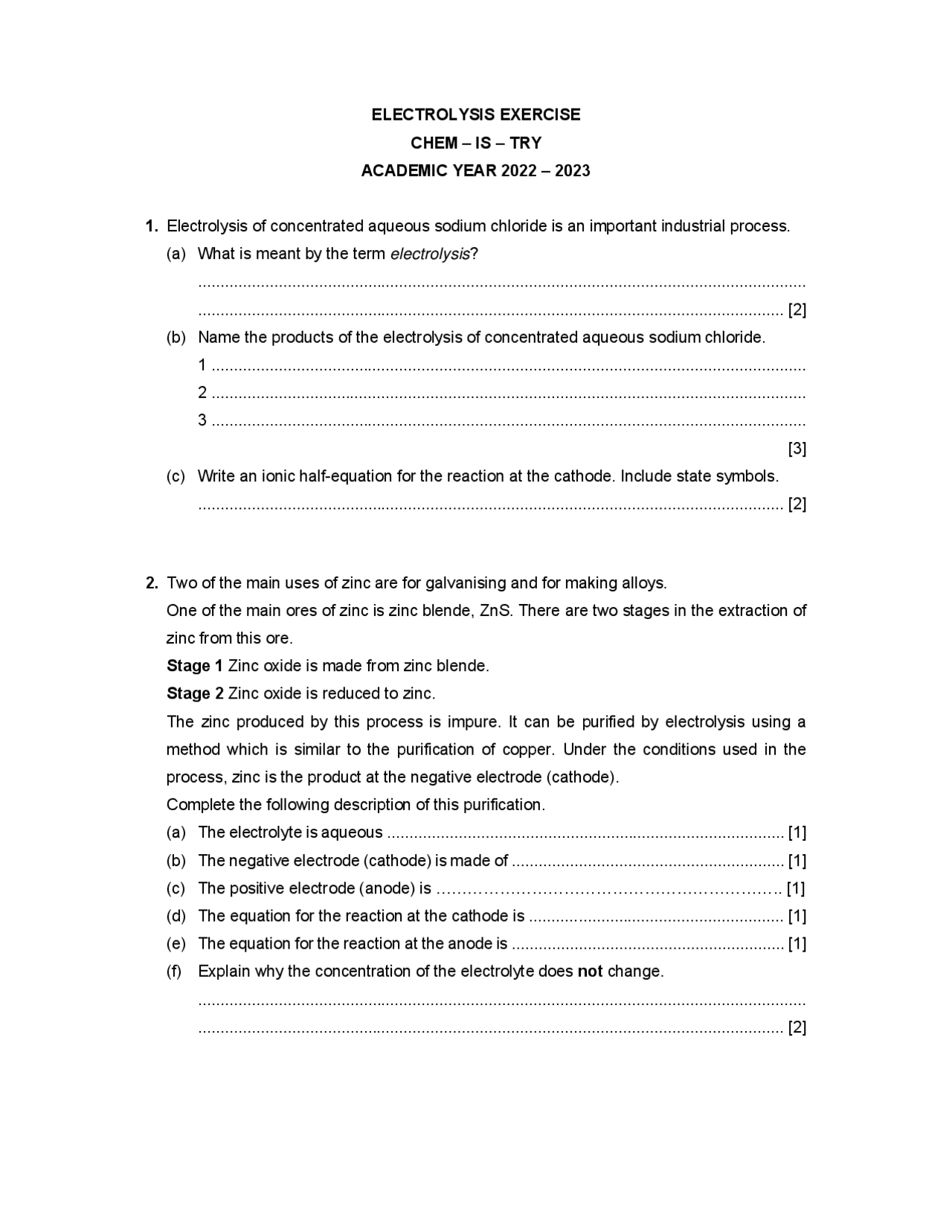 Electrolysis Exercise | Exercises Chemistry | Docsity