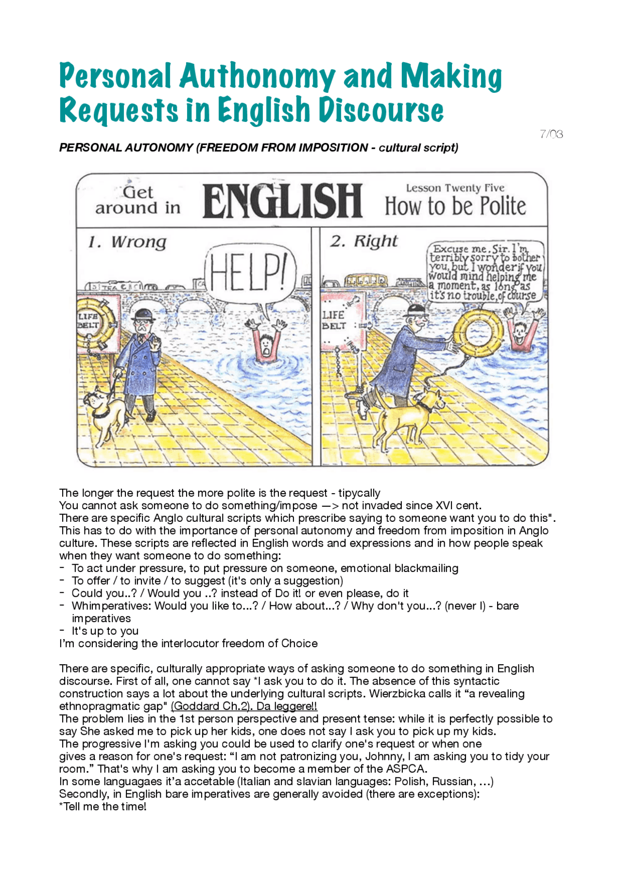 Personal Authonomy And Making Requests In English Discourse Appunti