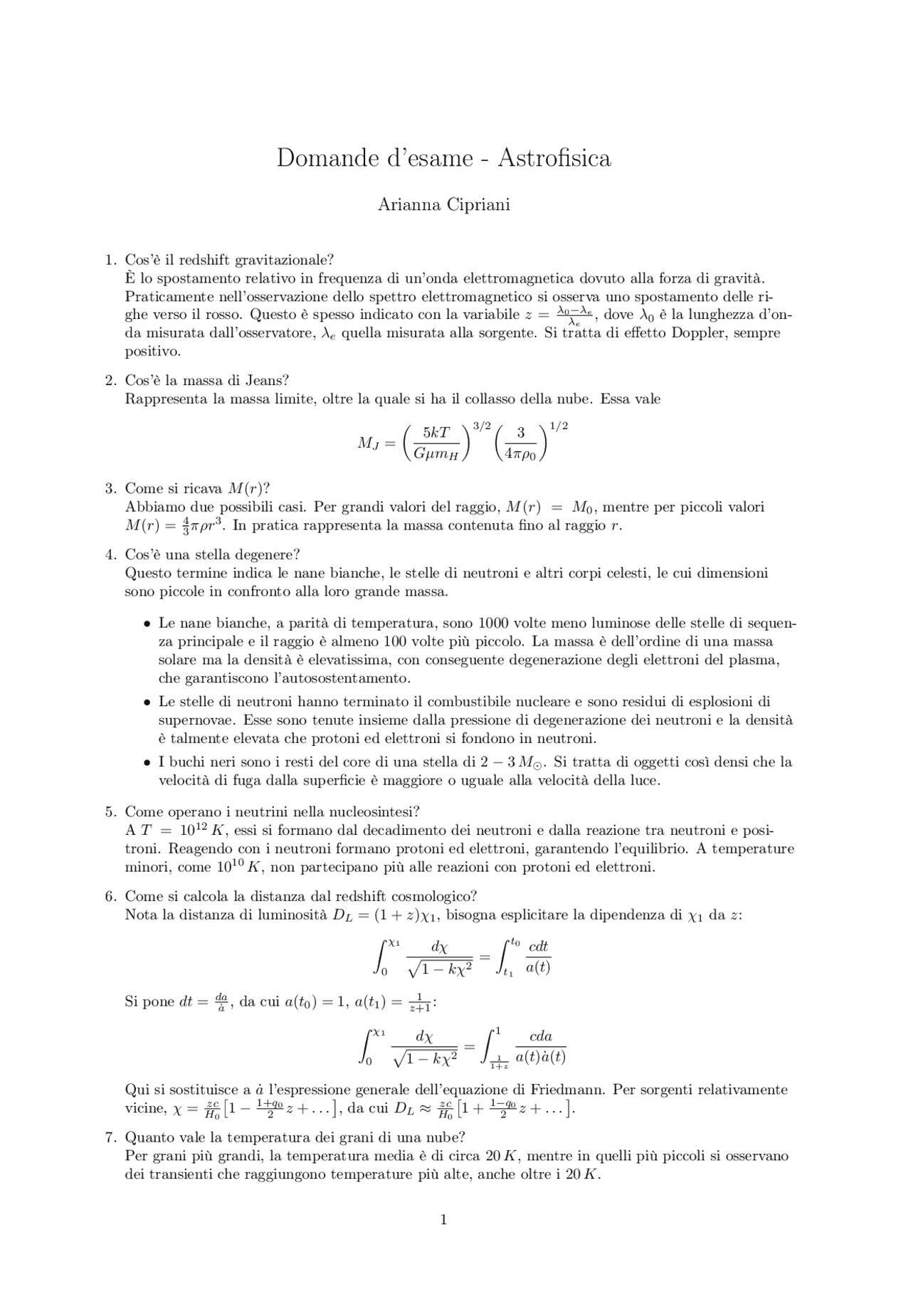 Domande E Risposte Astrofisica Appunti Di Astrofisica Docsity