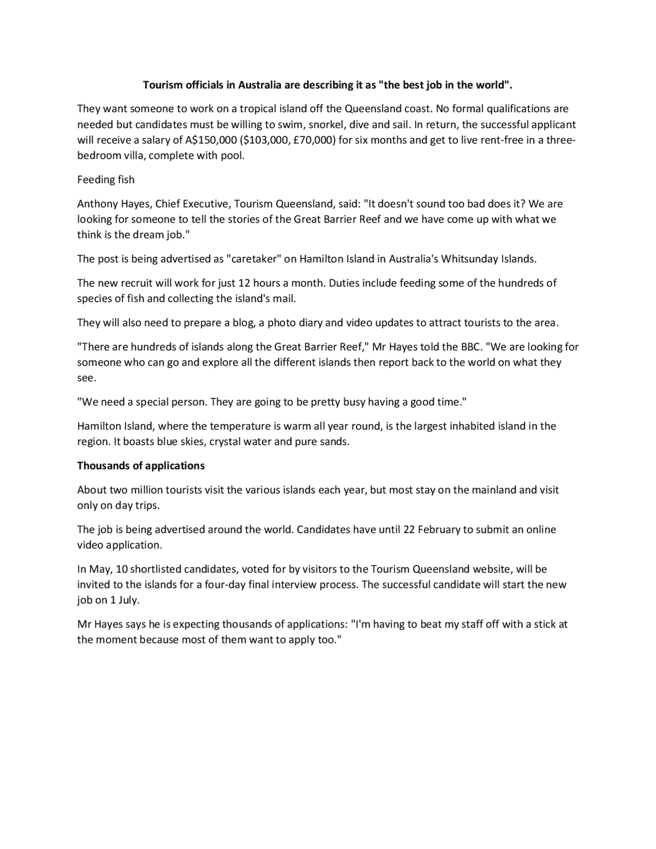 Text about the best job in the world + Comprehension - Test | Exams ...