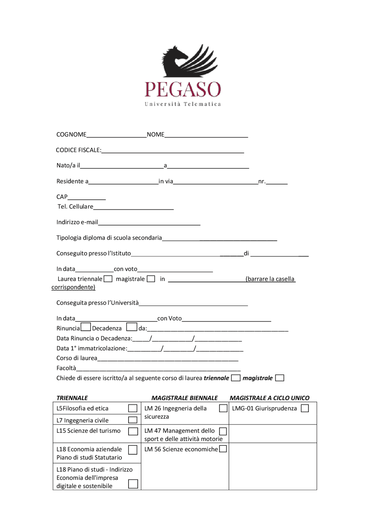 Scheda Iscrizione Corso Di Laurea Pegaso Aa 20222023 Formulari Di
