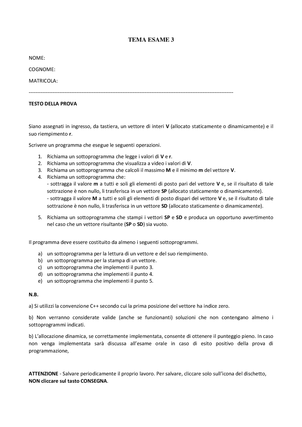 Prova Esame Elementi Di Informatica Prove Desame Di Elementi Di