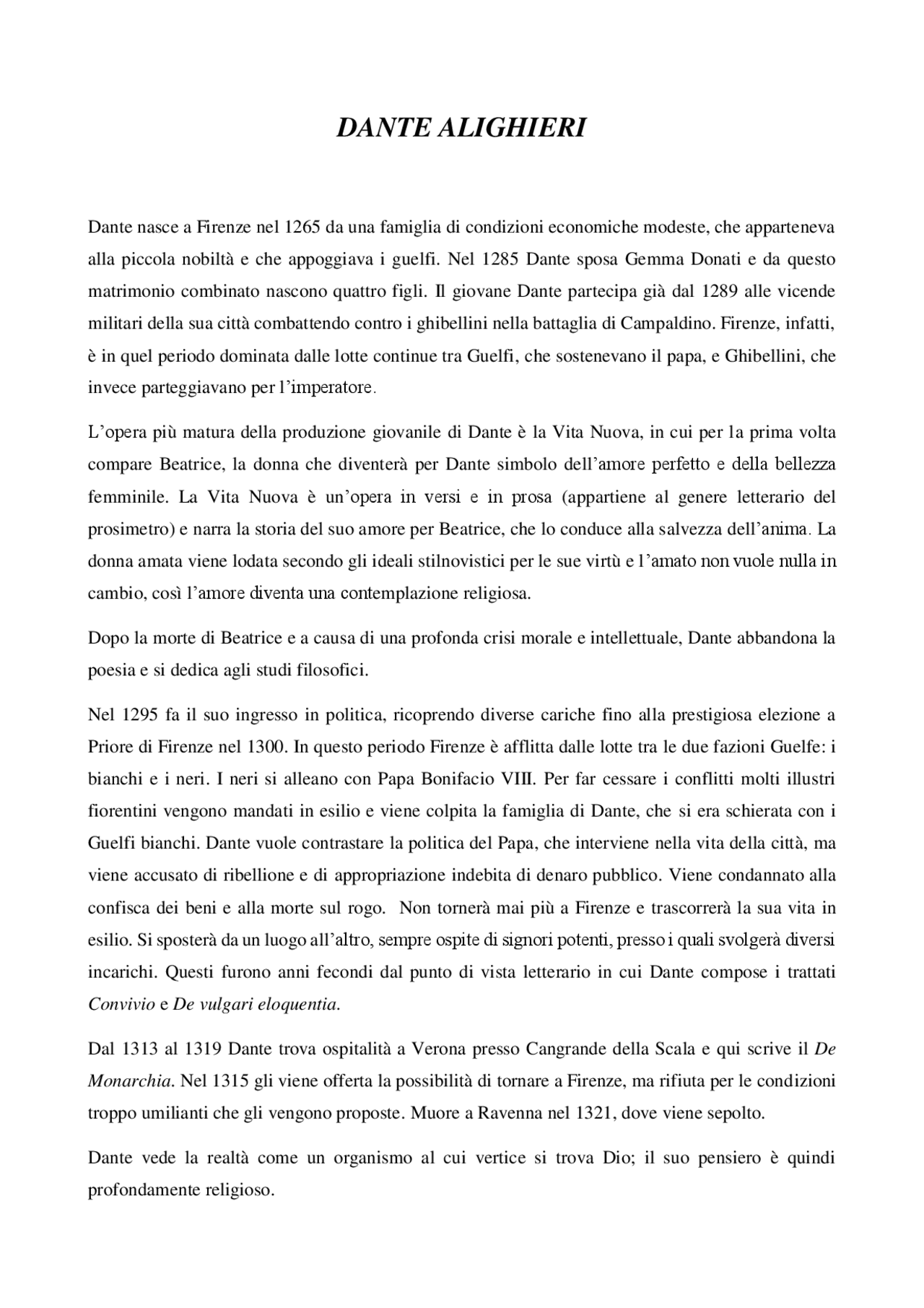 Riassunto dante vita e opere | Schemi e mappe concettuali di Italiano ...