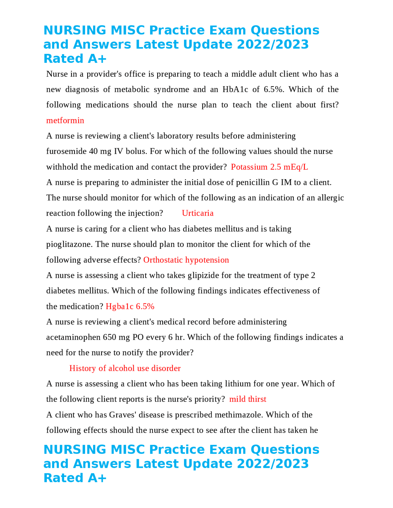 NURSING MISC Practice Exam Questions and Answers Latest Update 2022/ ...
