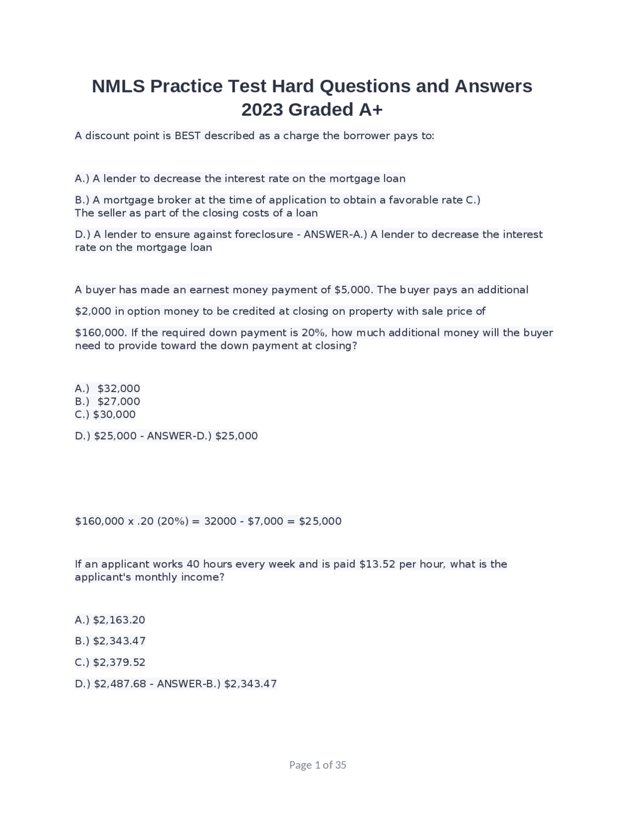 NMLS Practice Test Hard Questions and Answers 2023 Graded A+ | Exams ...