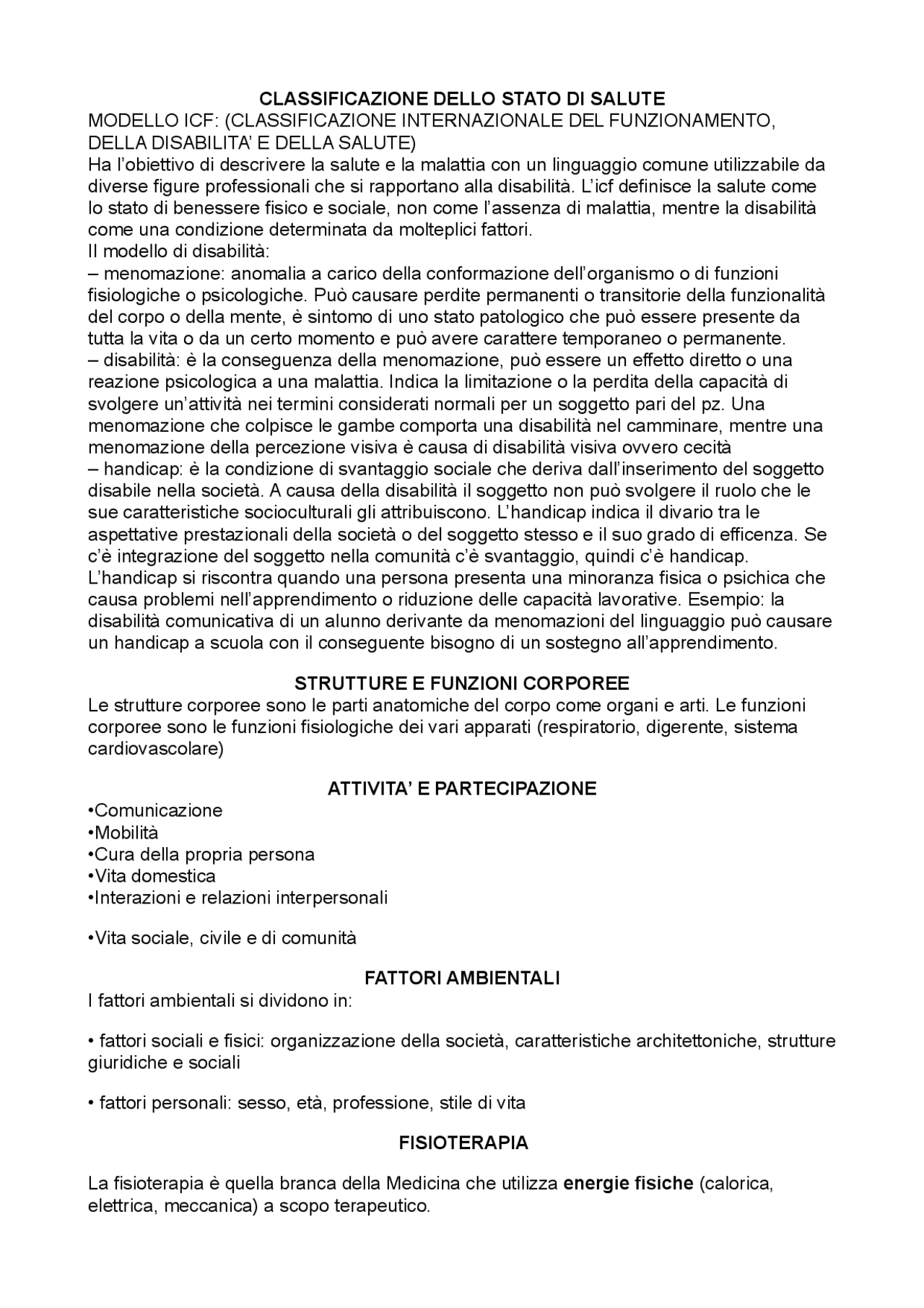 Riassunto Sul Metodo Icf Fisioterapia Appunti Di Anatomia Docsity