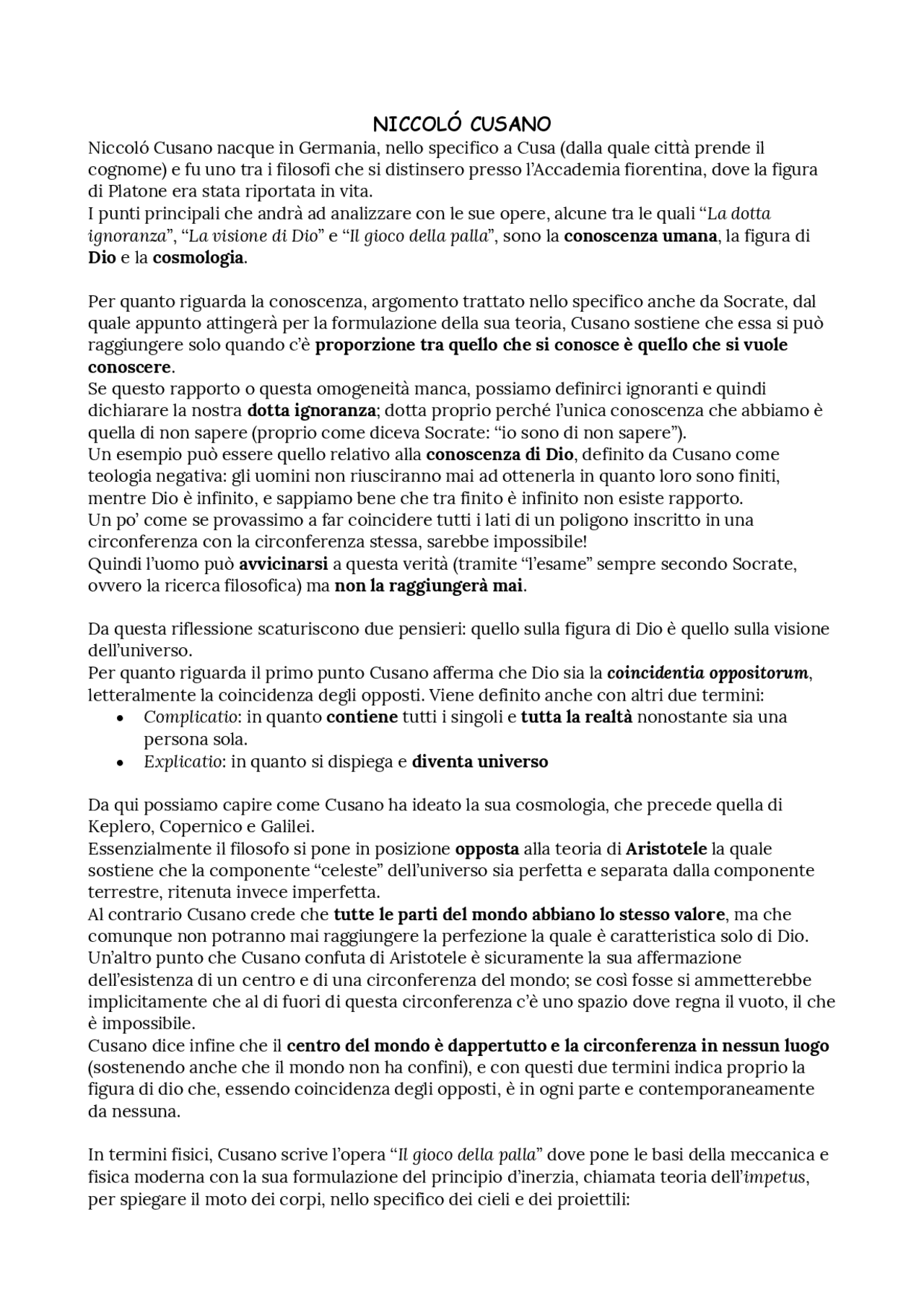 La Filosofia Di Niccolò Cusano Appunti Di Filosofia Docsity