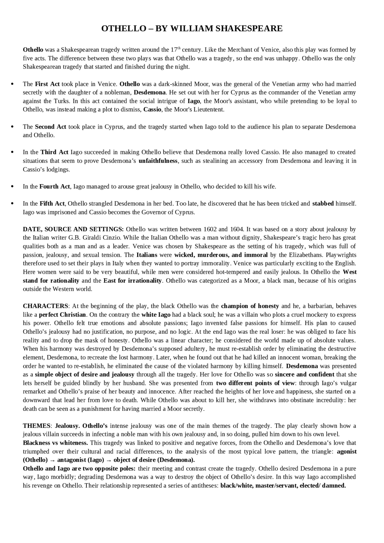 Othello by William Shakespeare | Appunti di Letteratura Inglese | Docsity