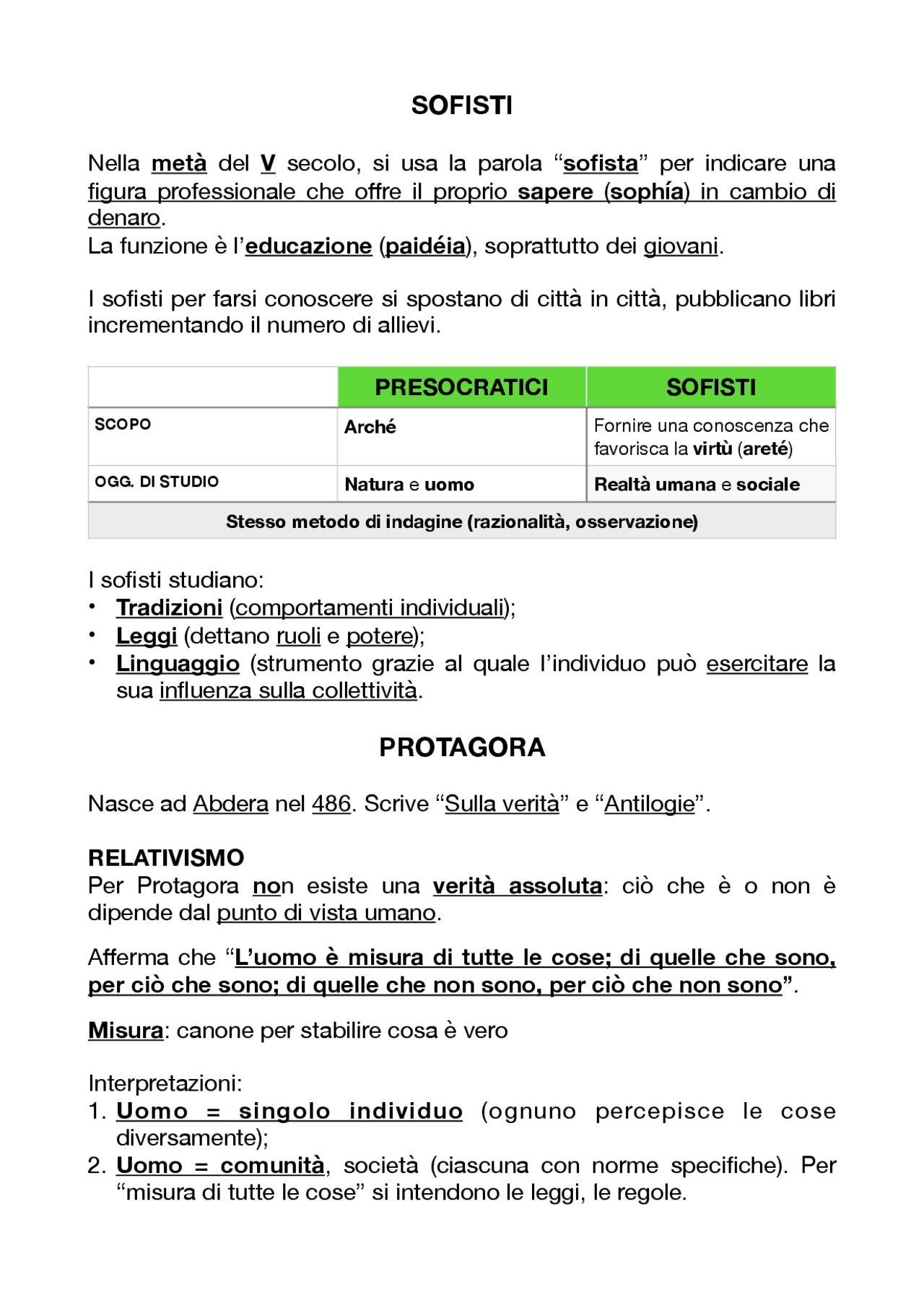 > SOFISTI (PROTAGORA, GORGIA, SOCRATE) | Schemi e mappe concettuali di Filosofia | Docsity
