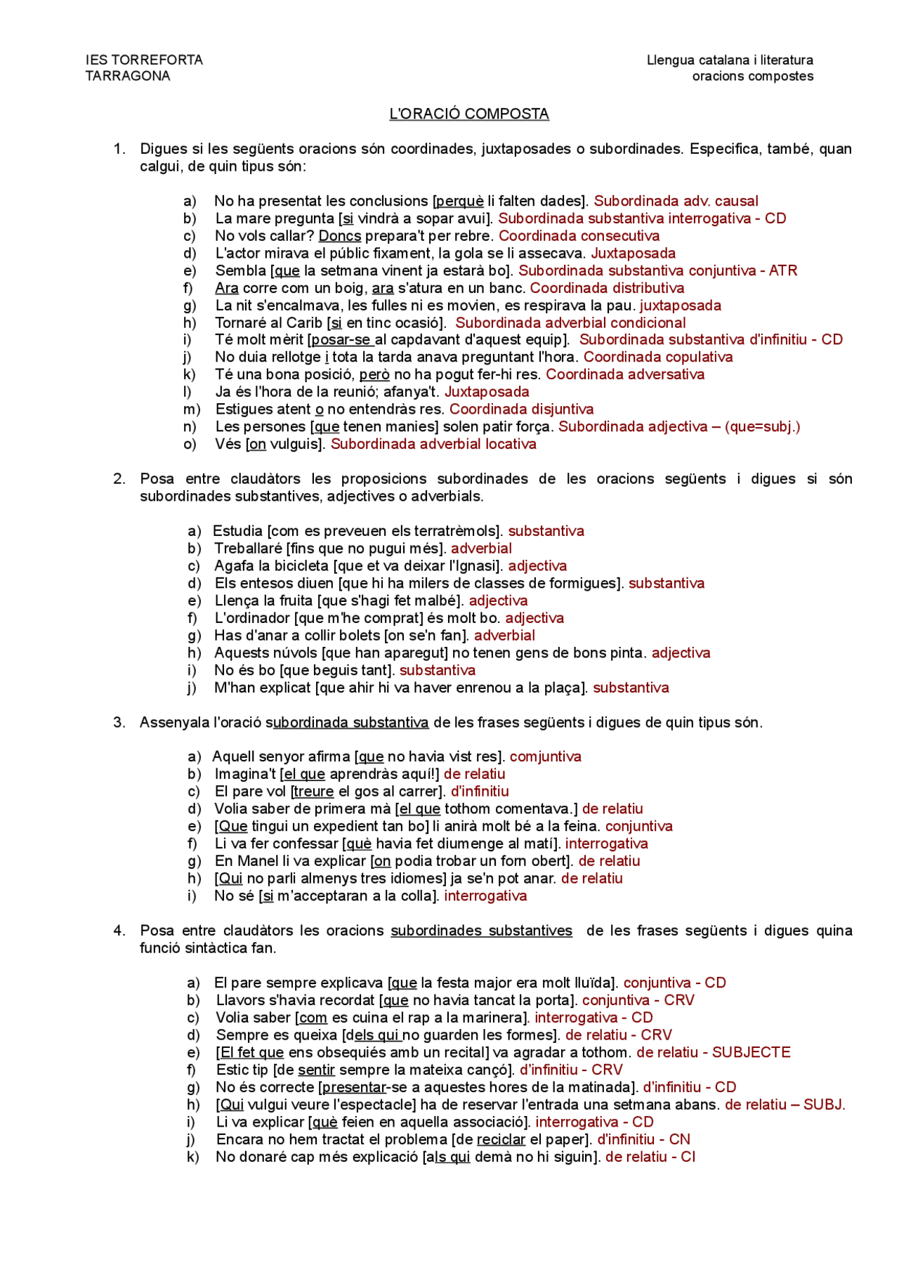 Ejercicios De Oraciones Subordinadas Ejercicios De Catalán Docsity