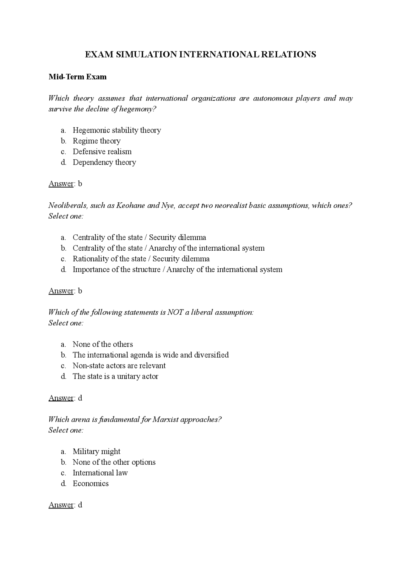 Exam Simulation of International Relations | Esercizi di Relazioni ...