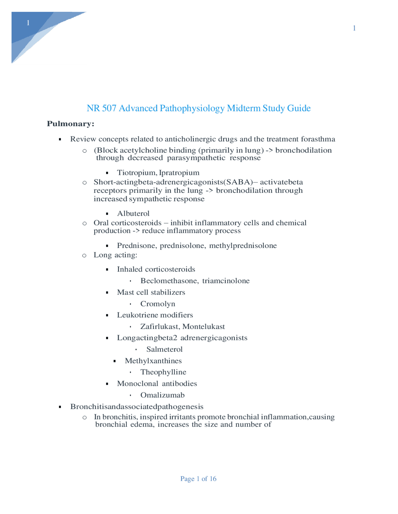 Nr_507_advanced_pathophysiology_midterm_study | Exams Nursing | Docsity