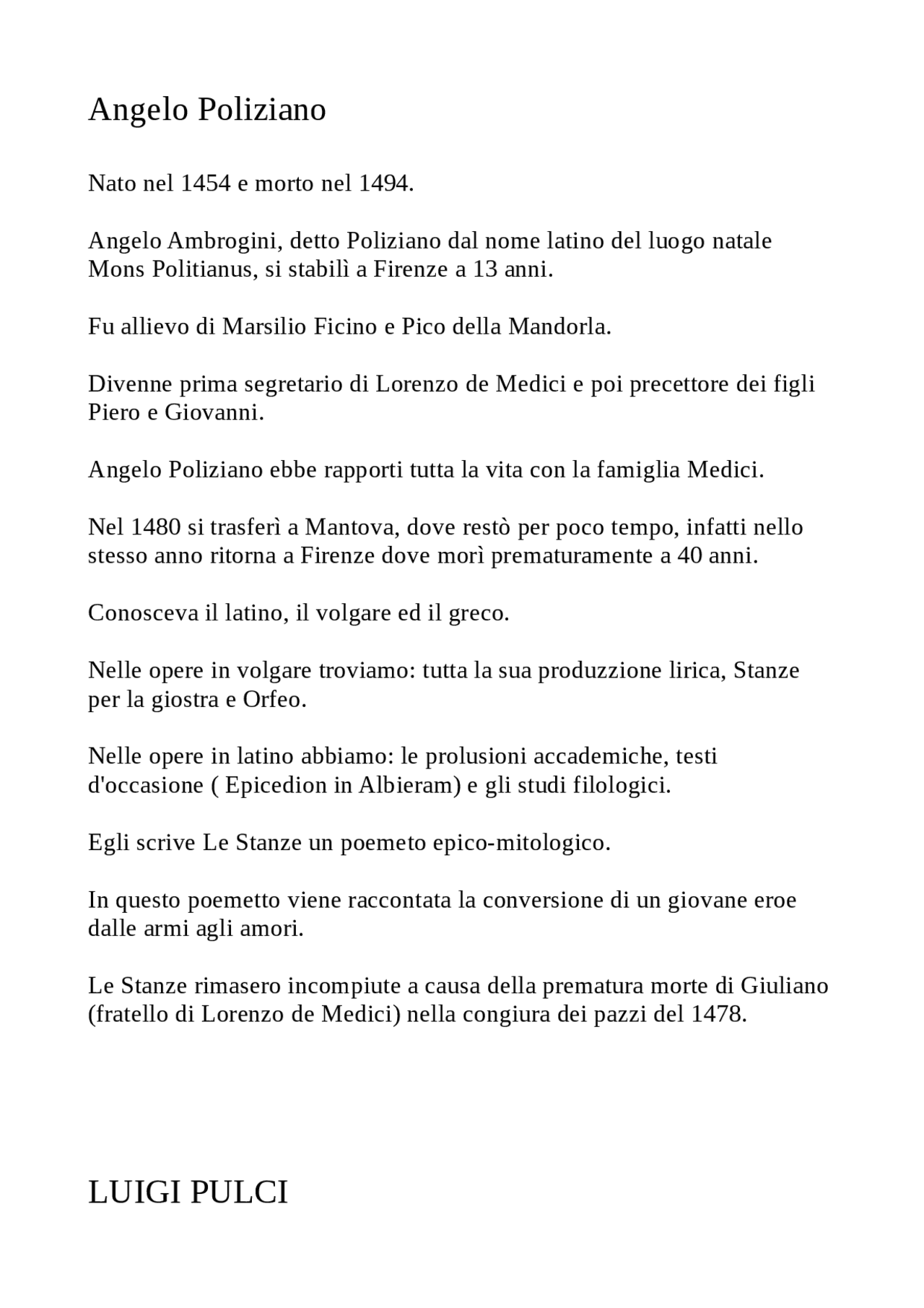 Riassunto Schematico Vari Poeti Angelo Poliziano Matteo Mattia