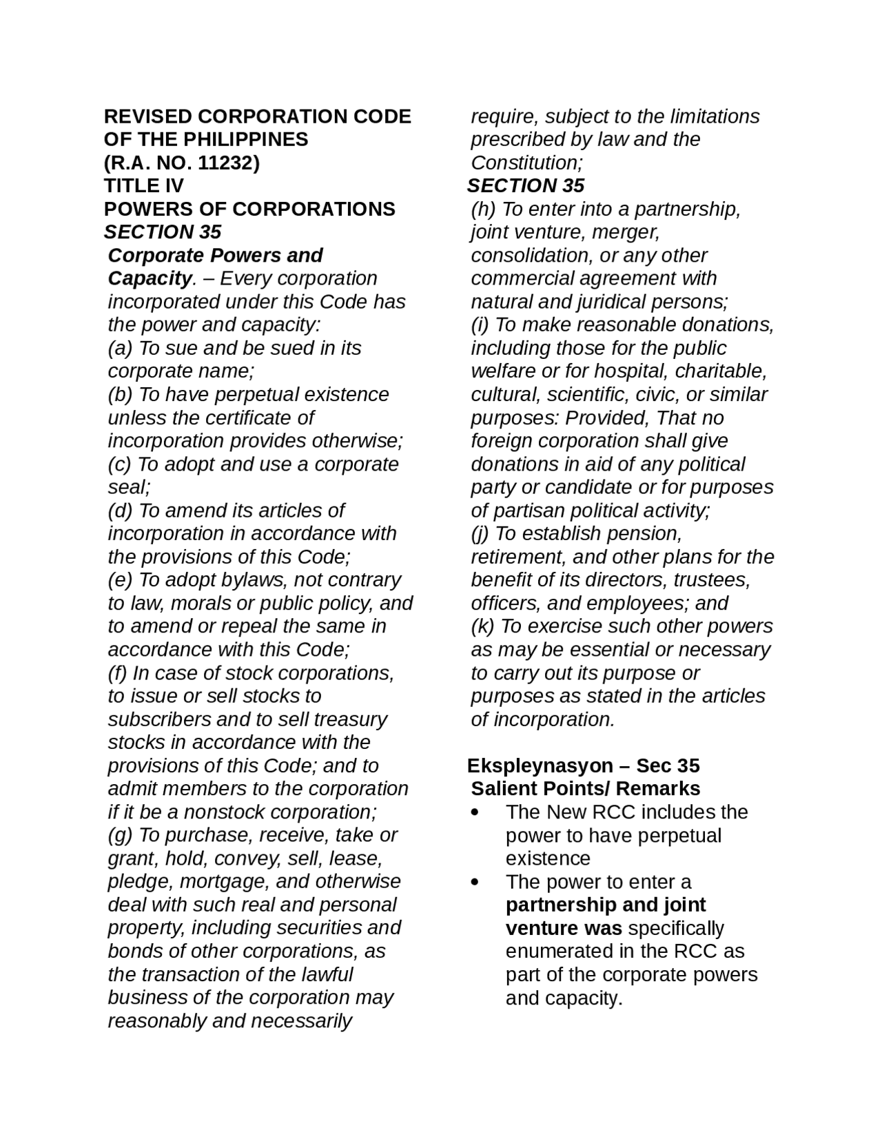 Revised Corporation Code Lecture Notes Lecture Notes Law Docsity