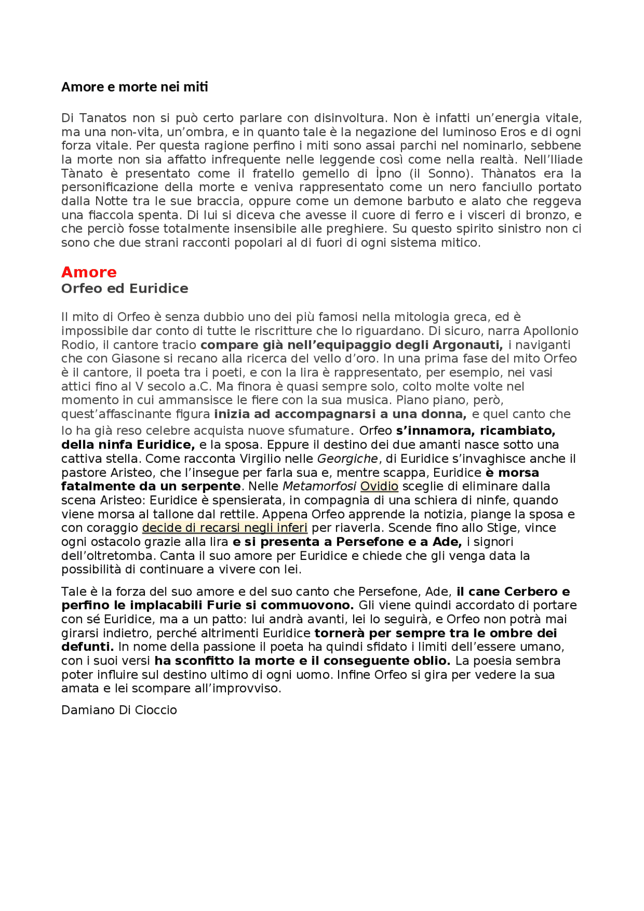 Amore E Morte Nei Miti Appunti Di Greco Docsity