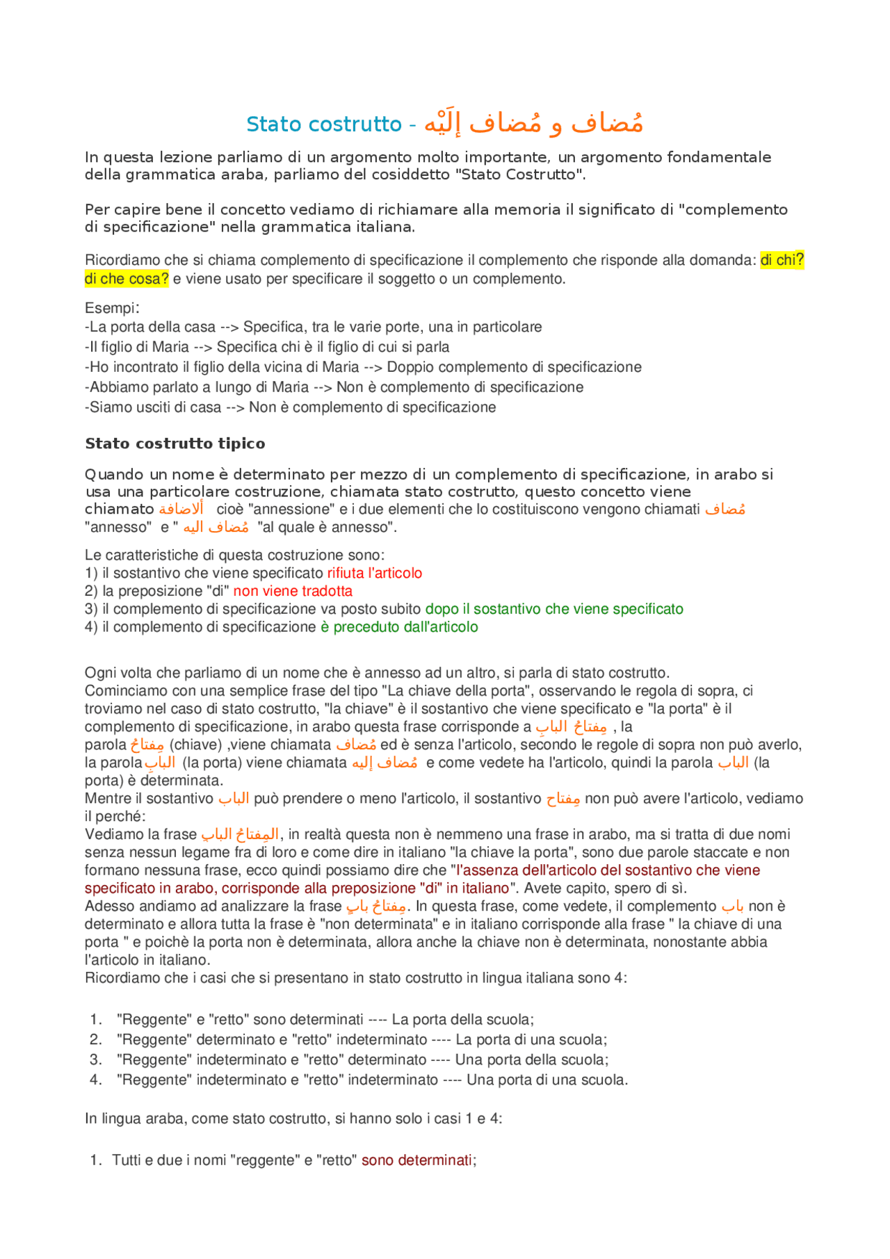 Lo stato costrutto in lingua araba | Schemi e mappe concettuali di ...