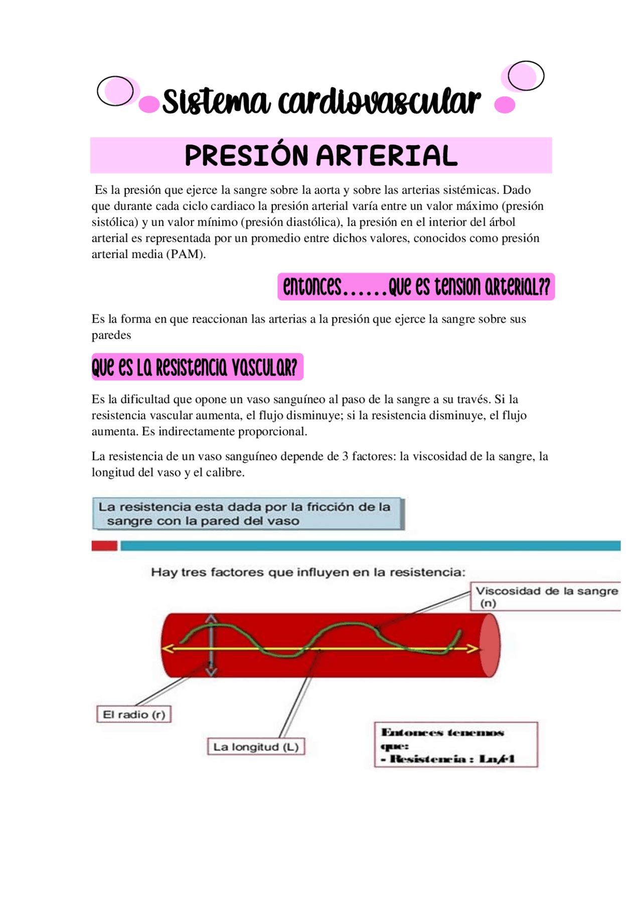 PRESION ARTERIAL Y LEY DE POISEUILLE | Apuntes de Enfermería | Docsity