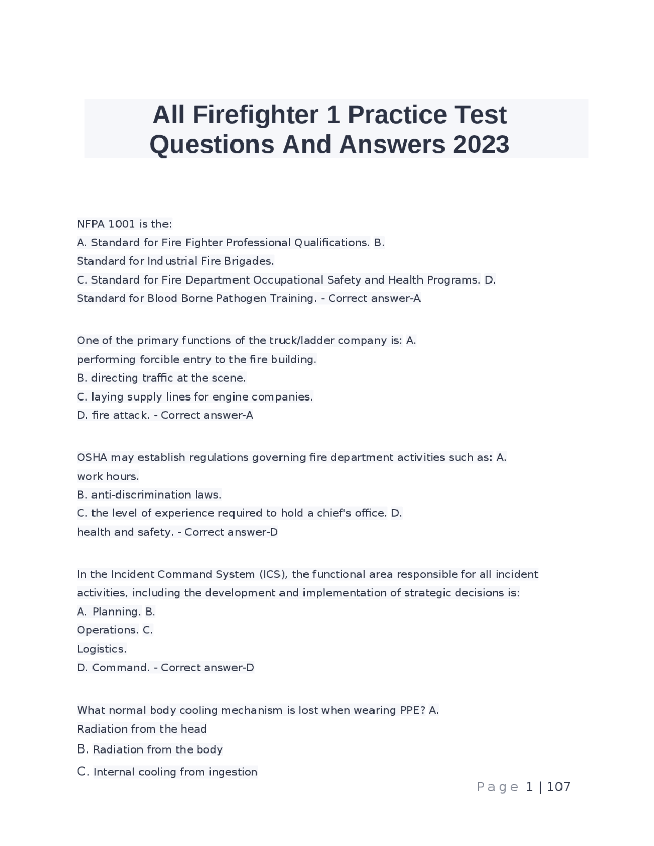 All Firefighter 1 Practice Test Questions And Answers 2023 | Exams Art ...