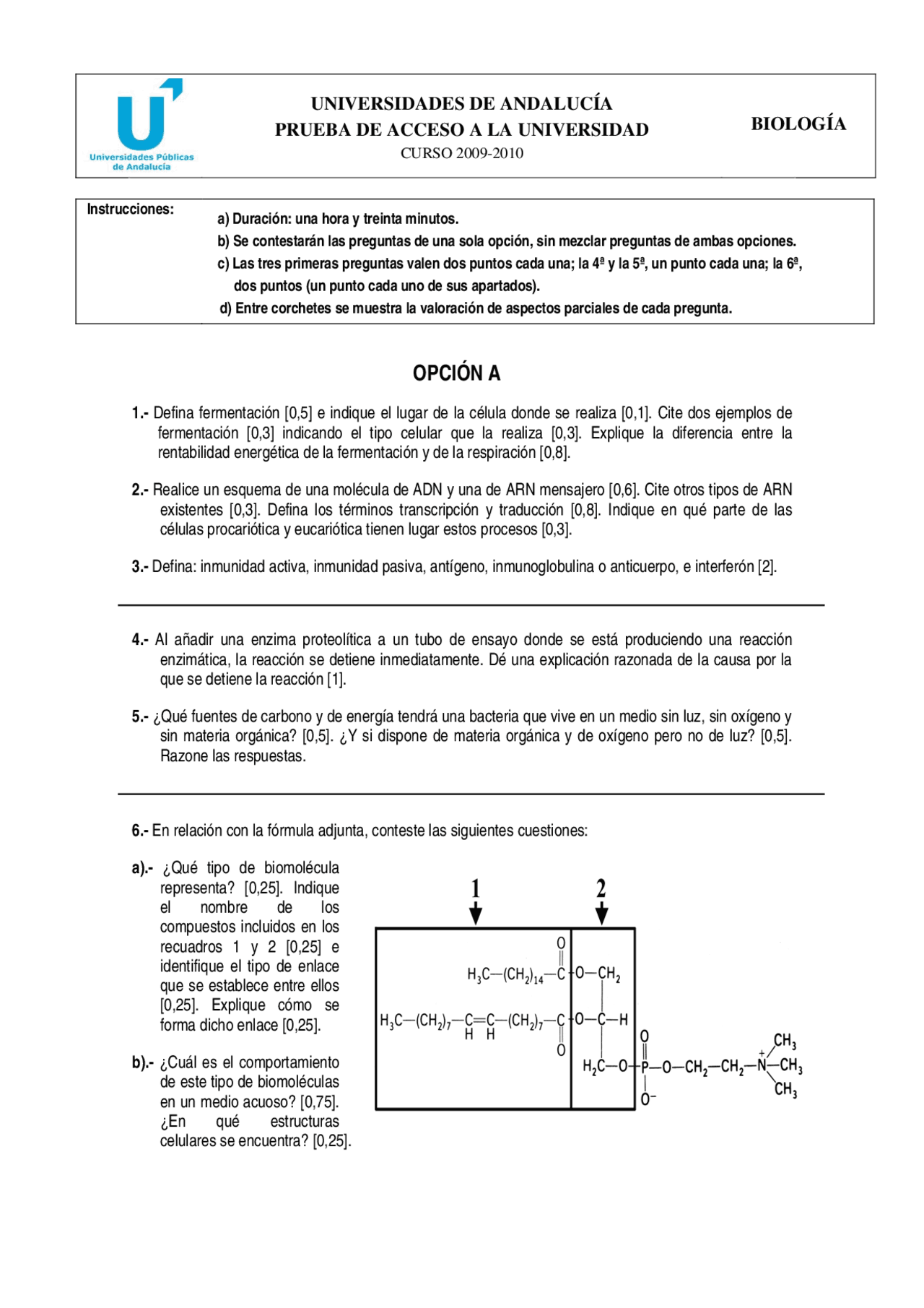 Examen Selectividad 20172018 Exámenes Selectividad De Biología Docsity