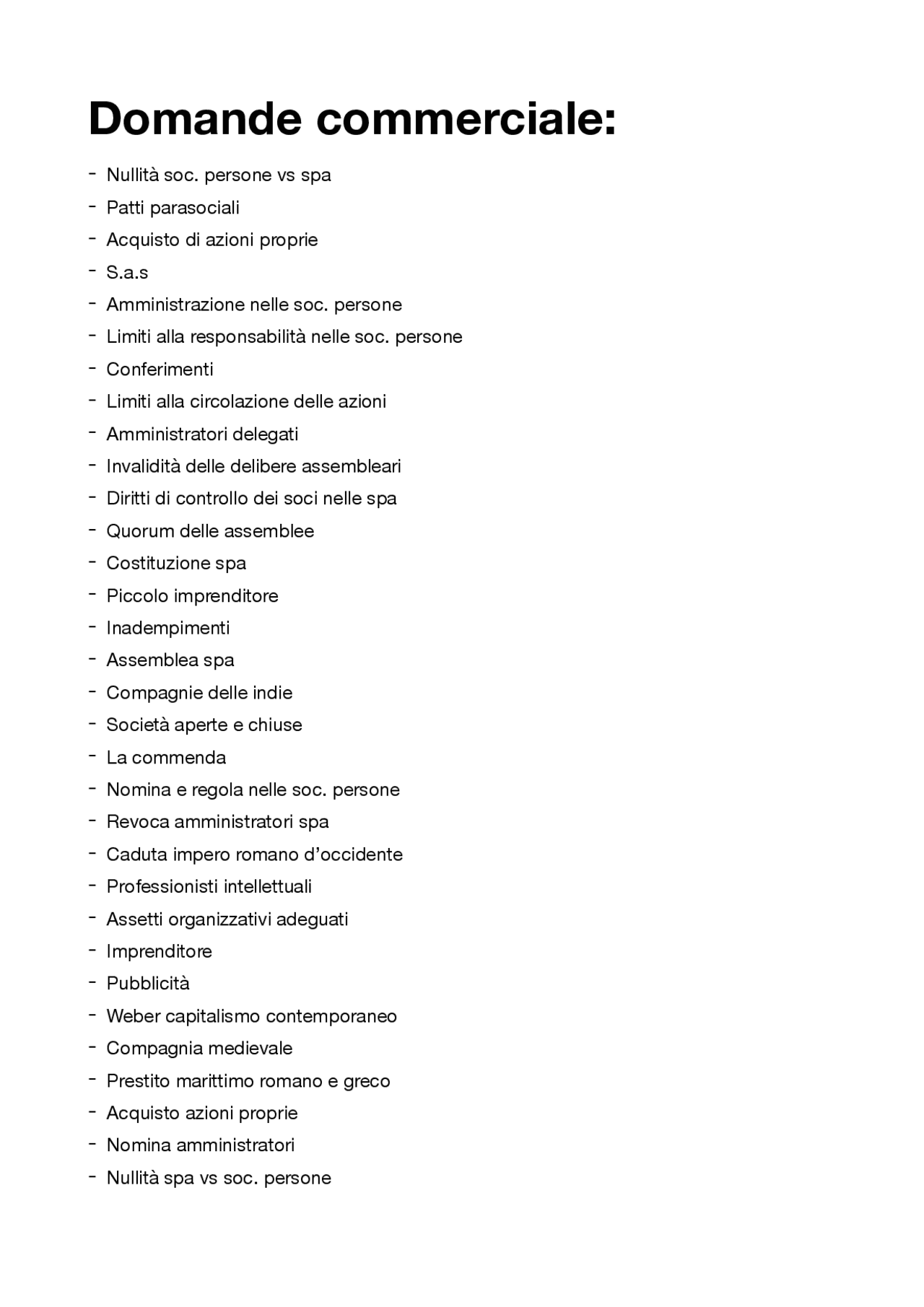 Domande esame diritto commerciale | Prove d'esame di Diritto Commerciale | Docsity