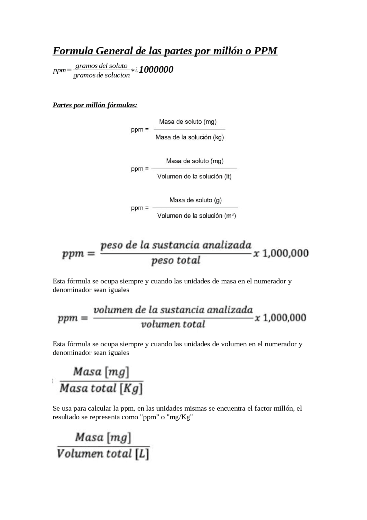 Partes por millon o PPM | Apuntes de Química | Docsity