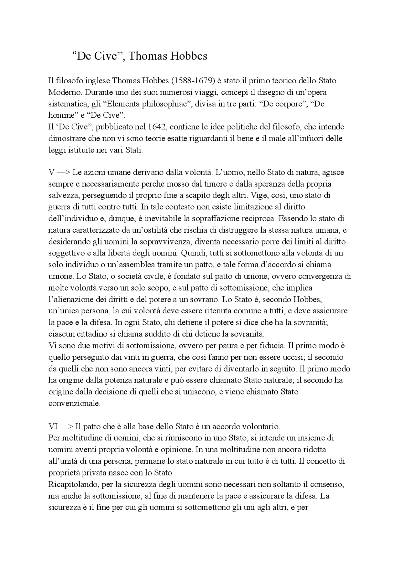 De Cive Thomas Hobbes Sintesi Del Corso Di Filosofia Morale Docsity