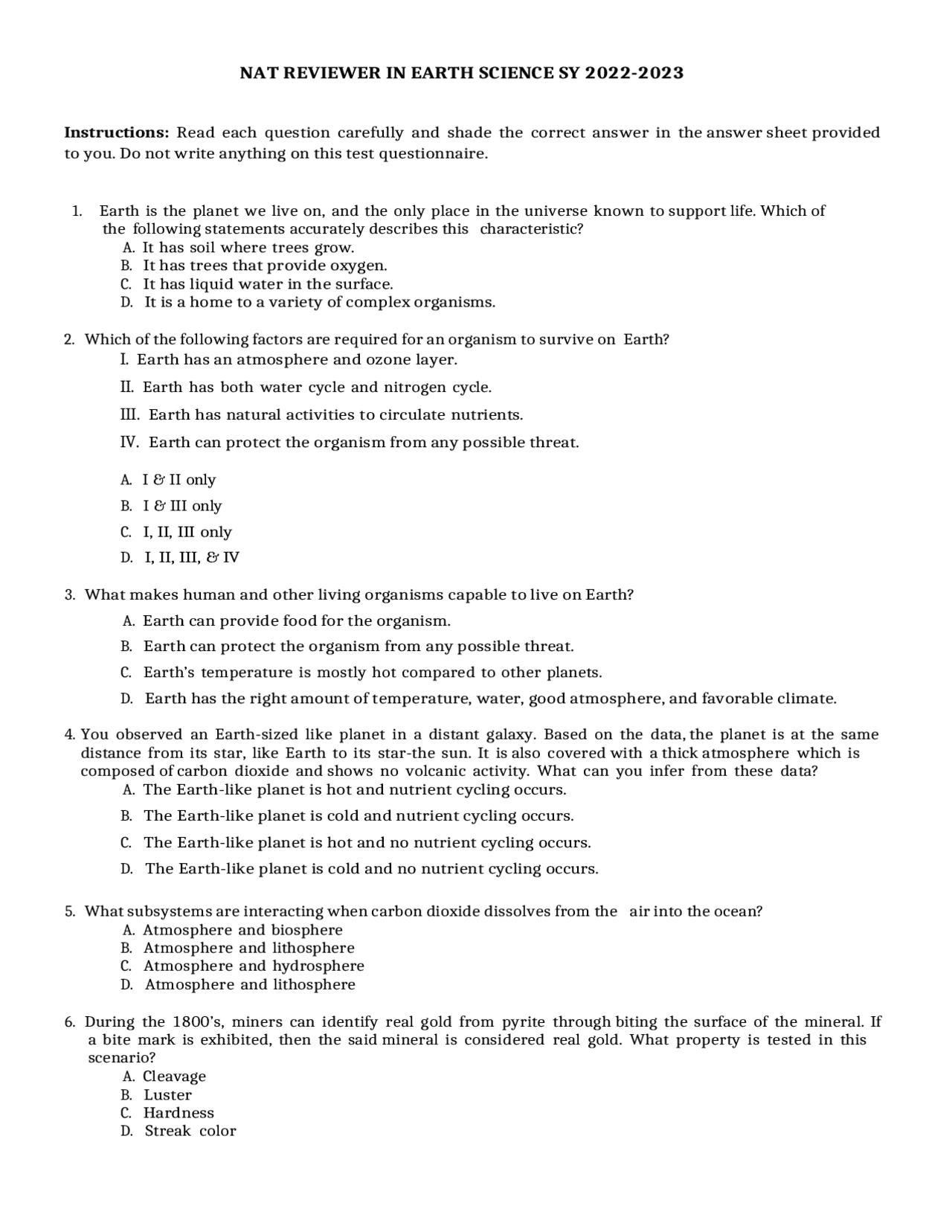 Sample Reviewer For Nat Exams And Quiz Sample In Earth Science