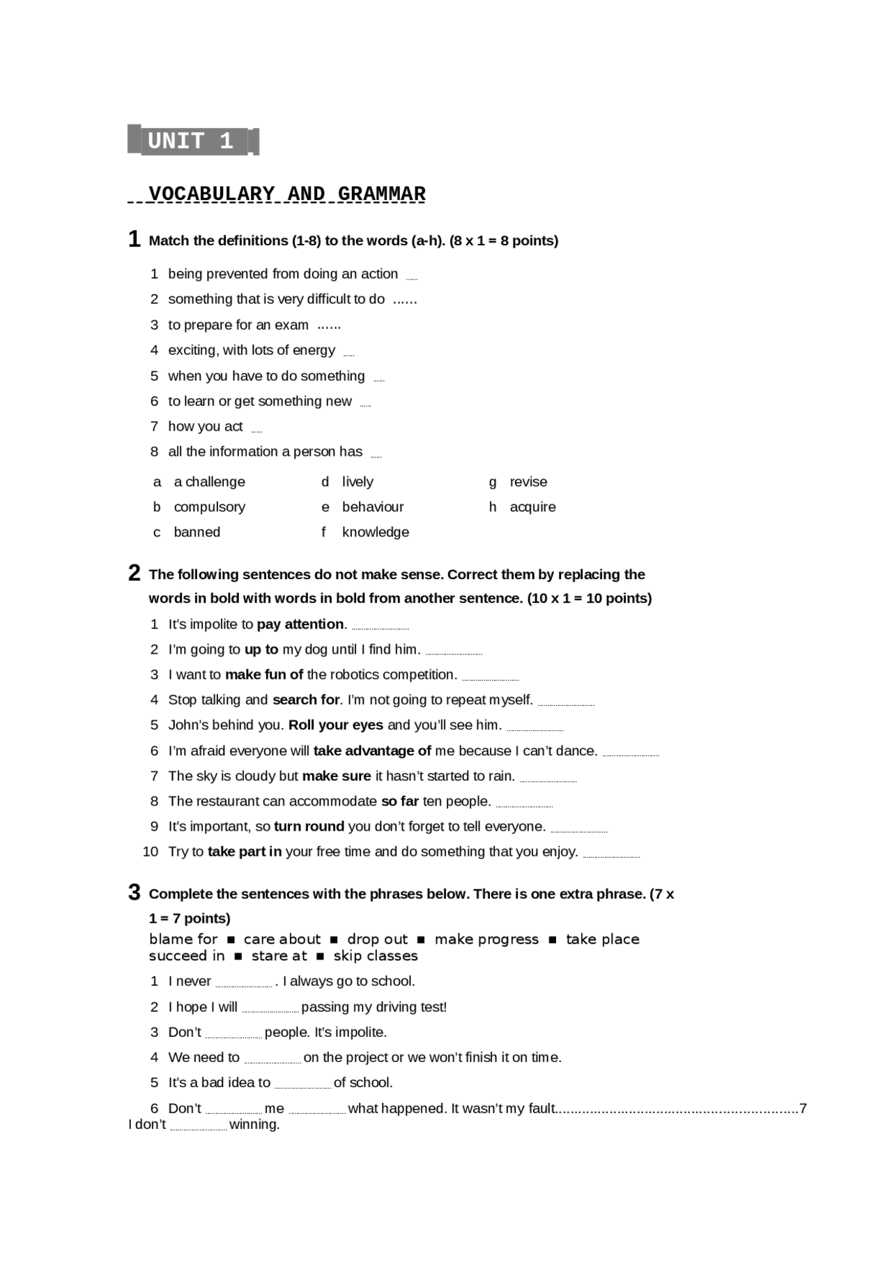 Inglés Mindset 1 Bachillelr | Ejercicios de Inglés | Docsity