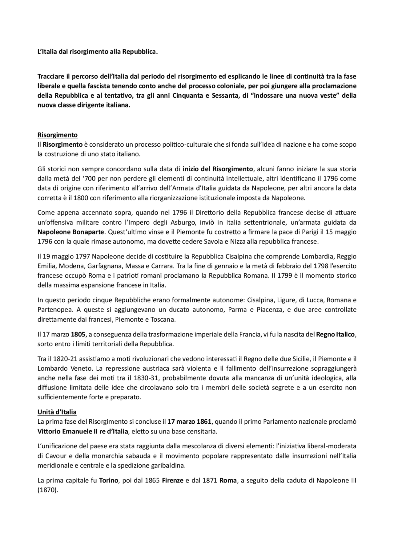 Percorso dell’Italia dal periodo del risorgimento agli anni '50/60 - Storia Contemporanea ...