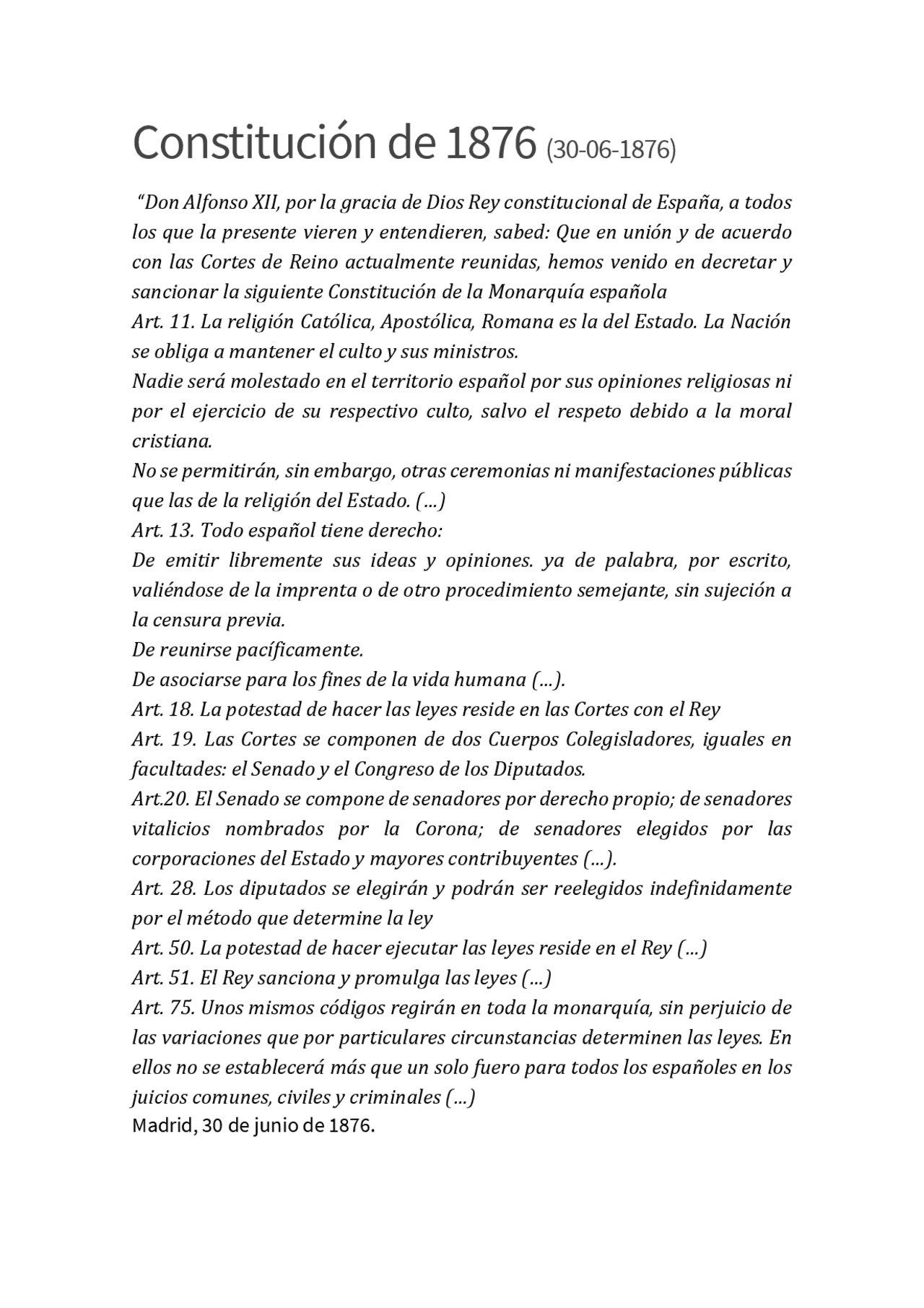 Comentario de texto. de la Constitución de 1876 | Ejercicios de ...