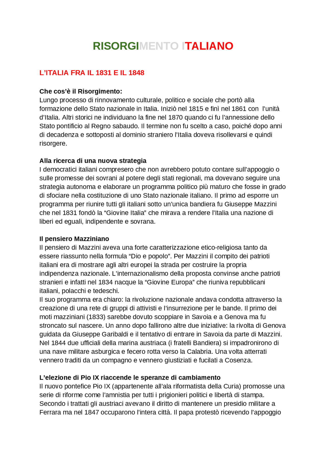 Risorgimento Italiano Sintesi Del Corso Di Storia Docsity