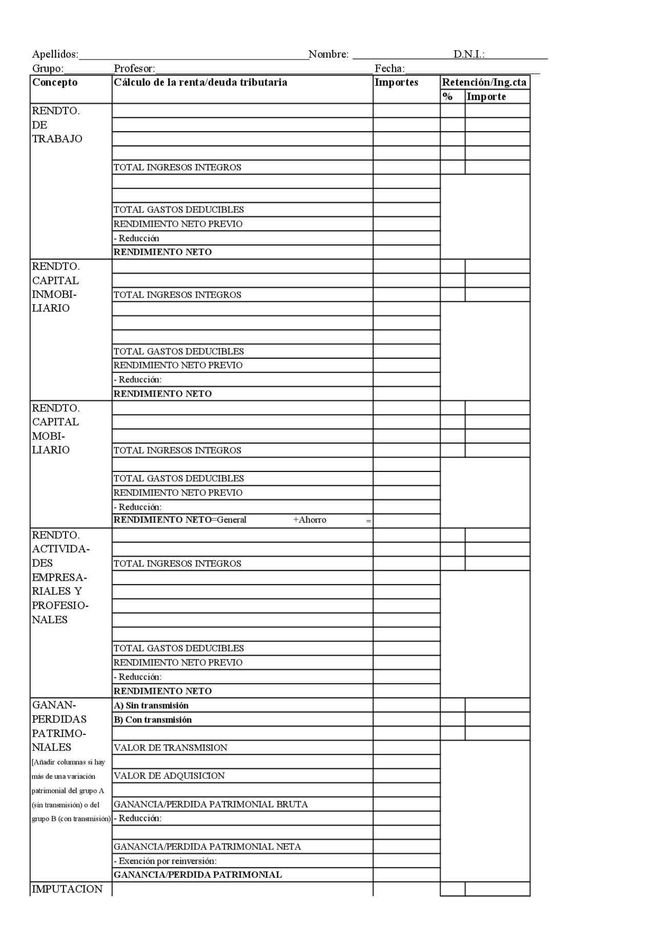 Plantilla Irpf Para Examen Exámenes De Sistema Fiscal Docsity