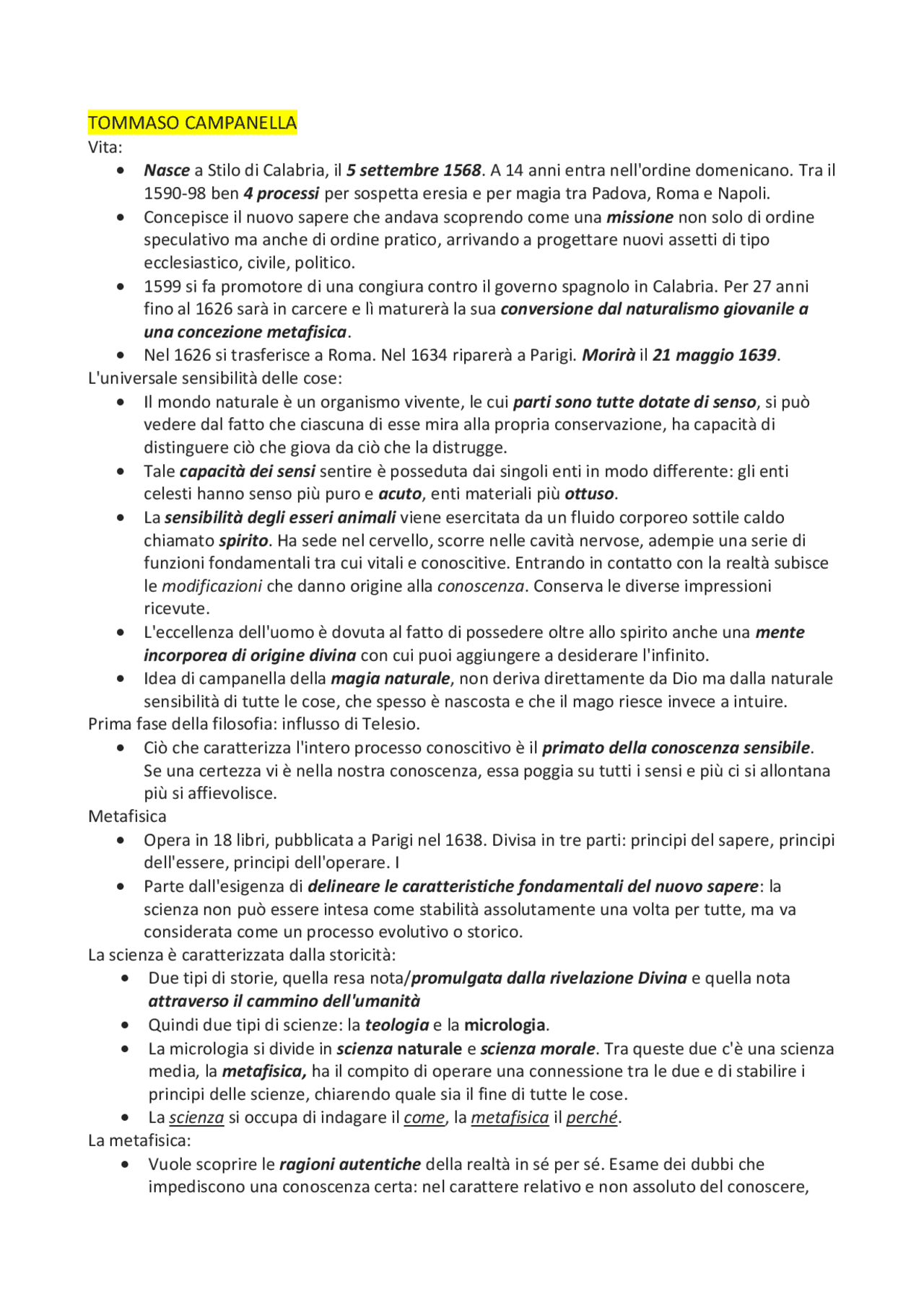 Appunti Su Tommaso Campanella Appunti Di Filosofia Docsity