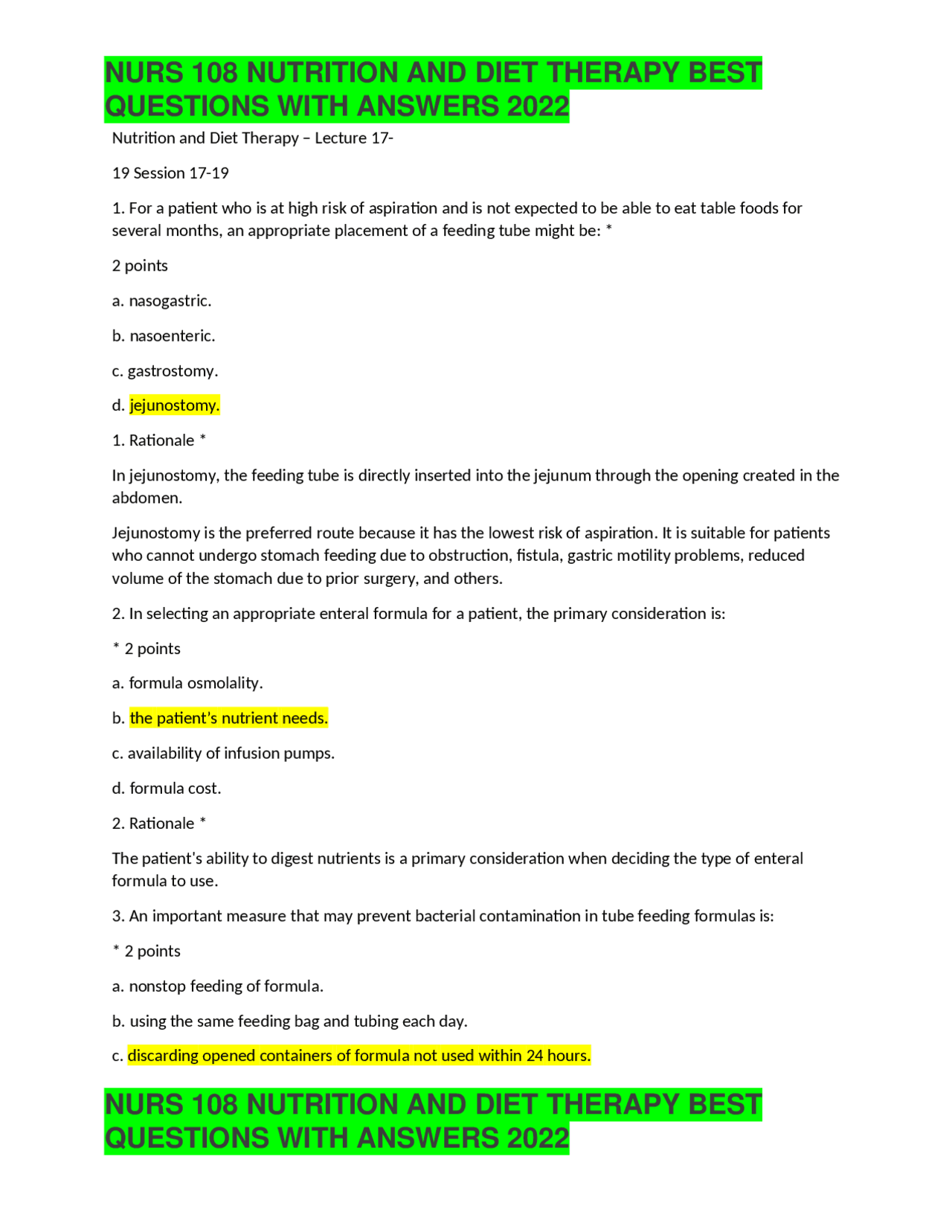 NURS 108 NUTRITION AND DIET THERAPY BEST QUESTIONS WITH ANSWERS 2022 ...
