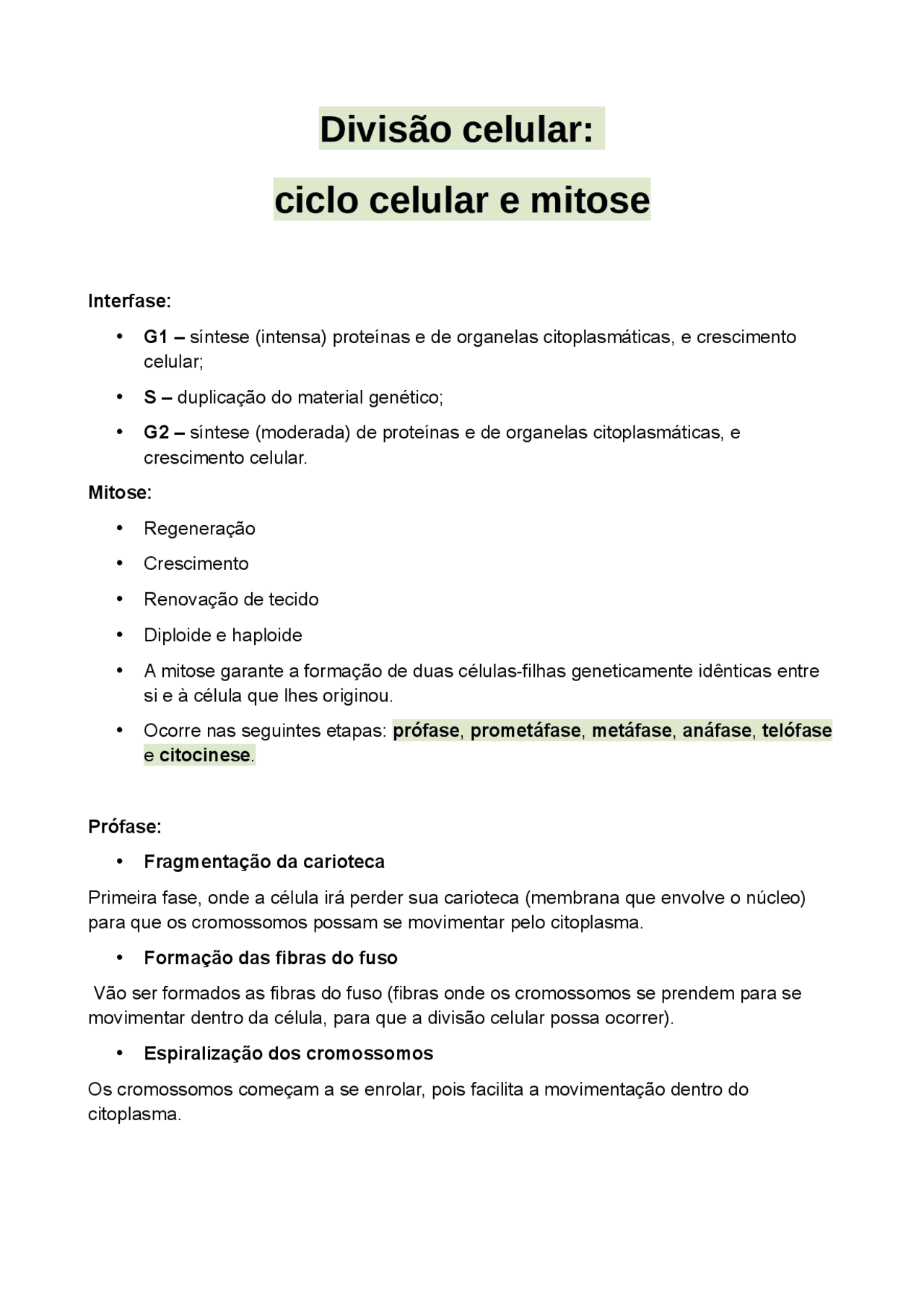 Divisão Celular Mitose Esquemas Biologia Docsity