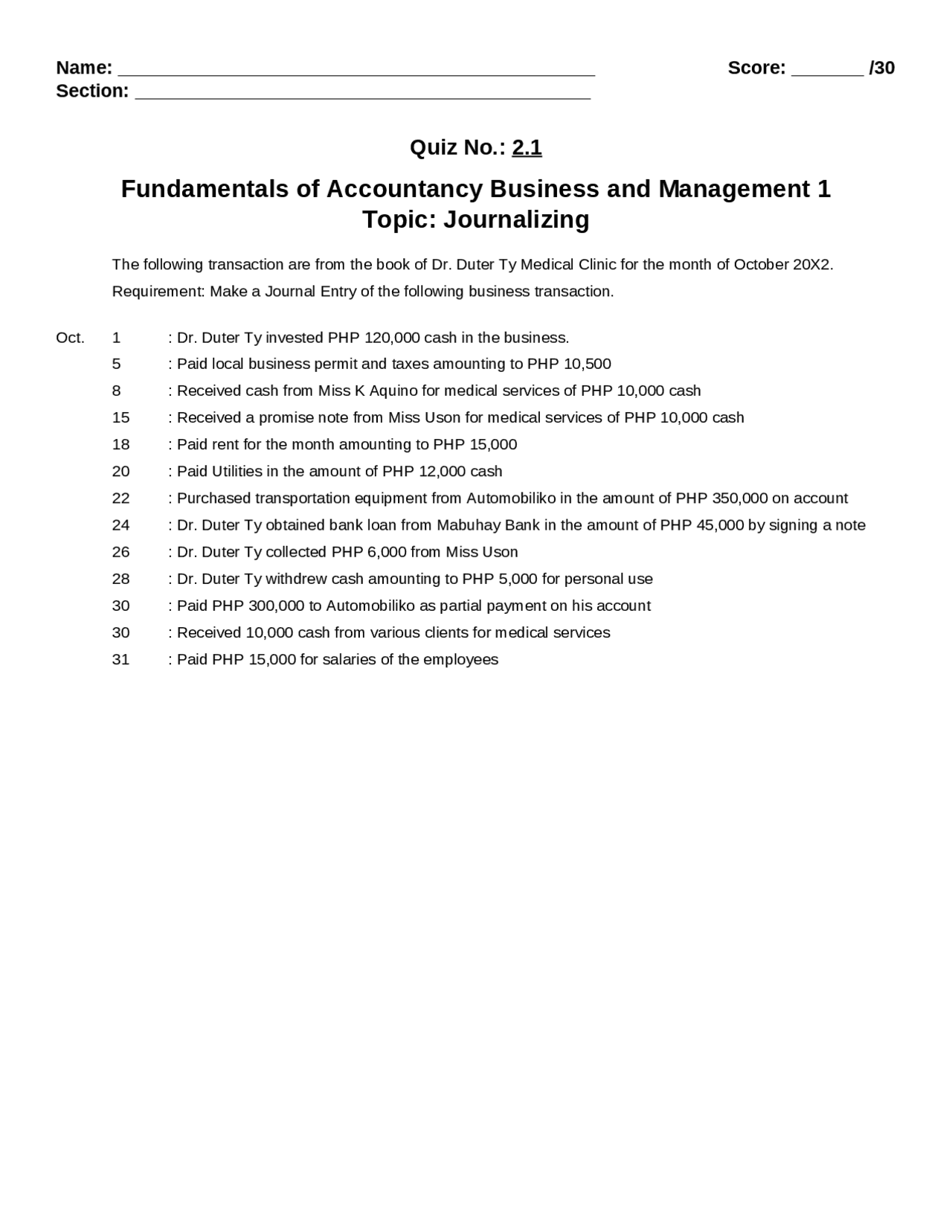 Duterty Company Accounting Exercise | Exercises Business | Docsity