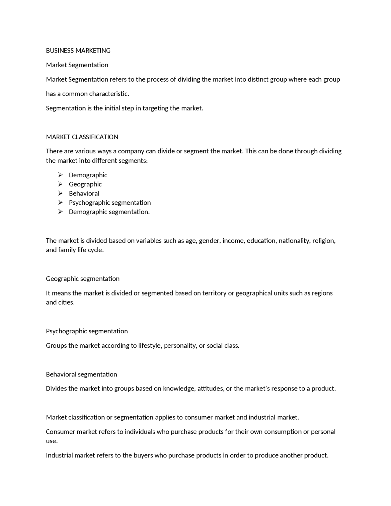 Business Marketing Market Segmentation Lecture Notes Marketing